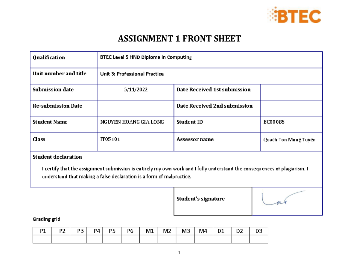 Assignment 1 SCBC000 - ASSIGNMENT 1 FRONT SHEET G rading grid P1 P2 P3 ...
