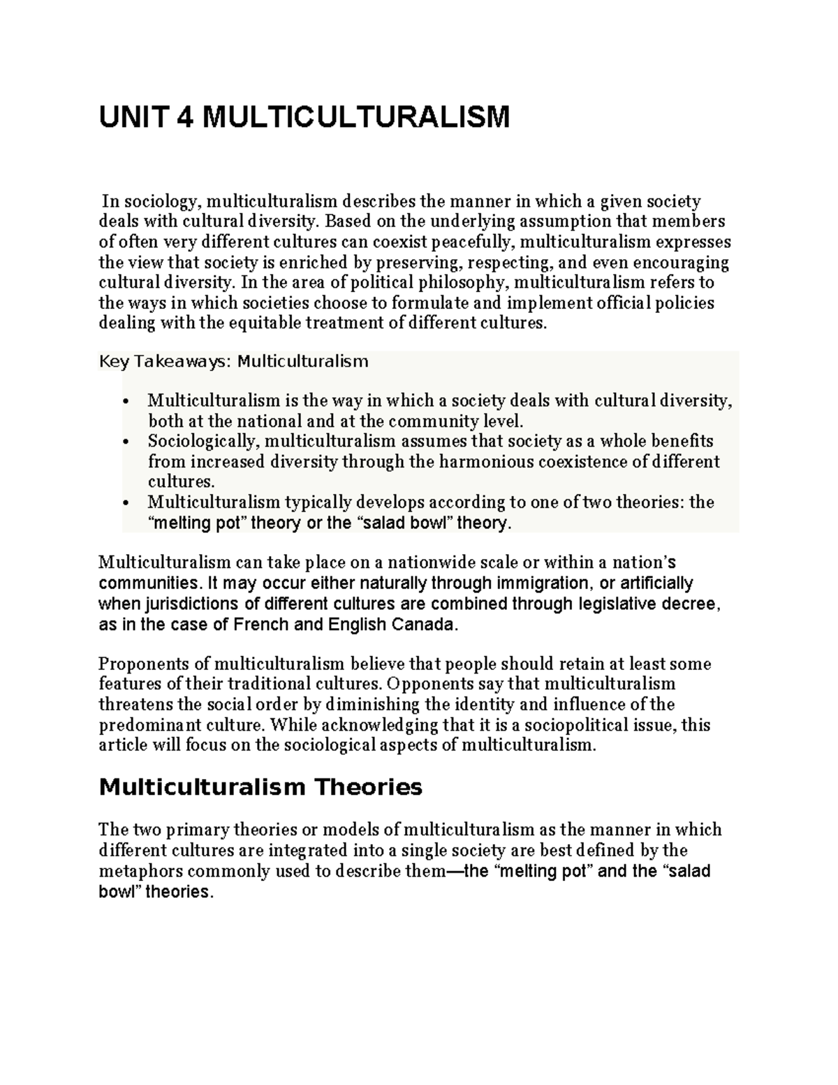 4 - Multiculturalism - UNIT 4 MULTICULTURALISM In sociology ...