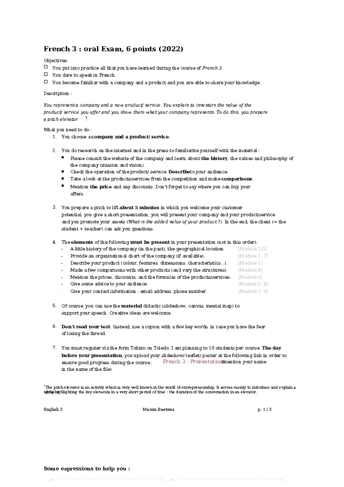 2021 - French 3 - Examen oral copy - English 3 Maxim Baetens p. 1 / 3 ...