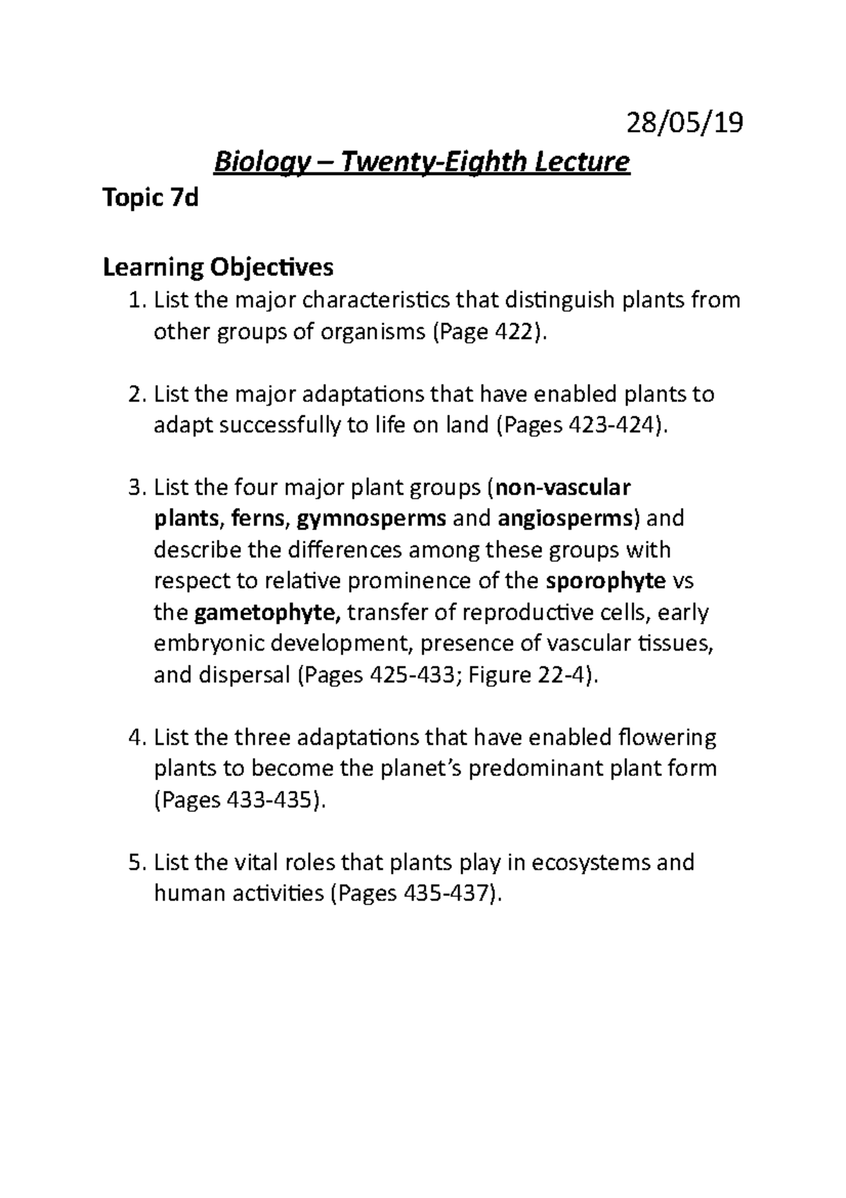 Bio Twenty-Eighth Lecture - 28/05/ Biology – Twenty-Eighth Lecture ...
