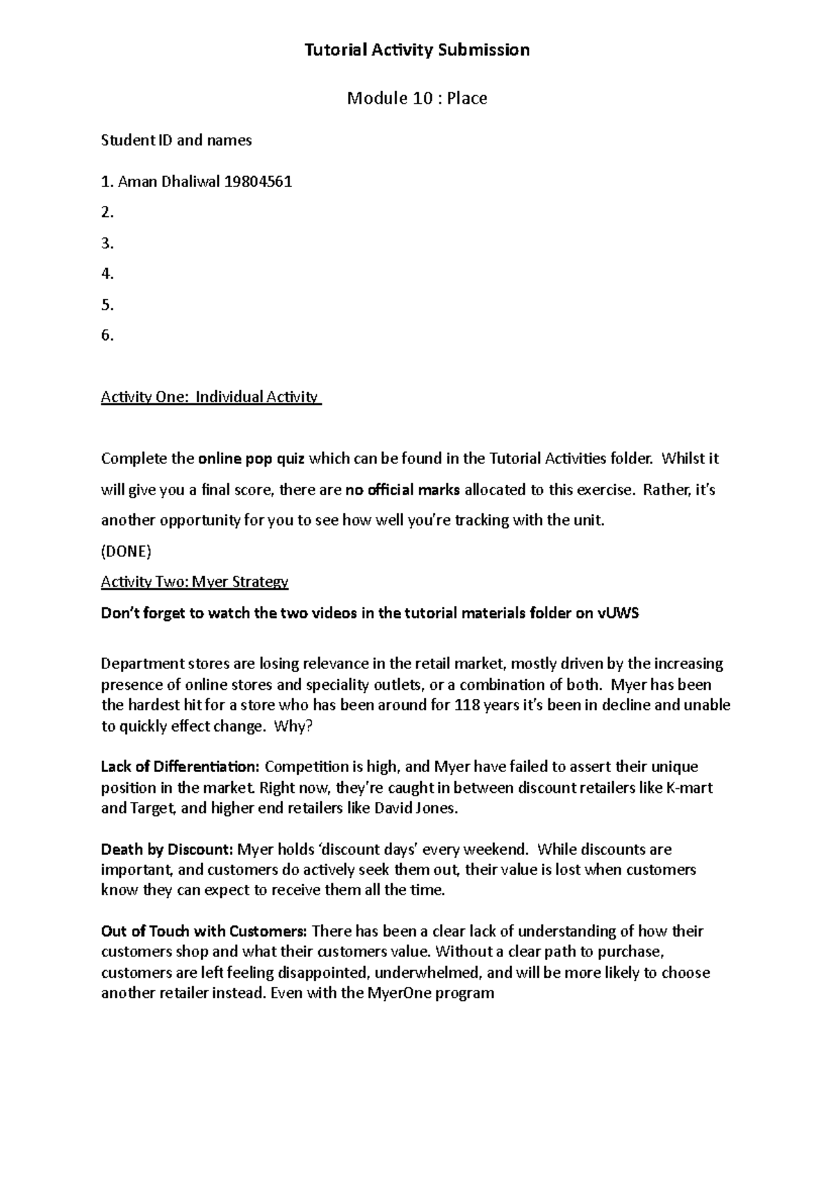 Tutorial Activity Submission Week 10 - Tutorial Activity Submission Module 10 : Place Student ID ...