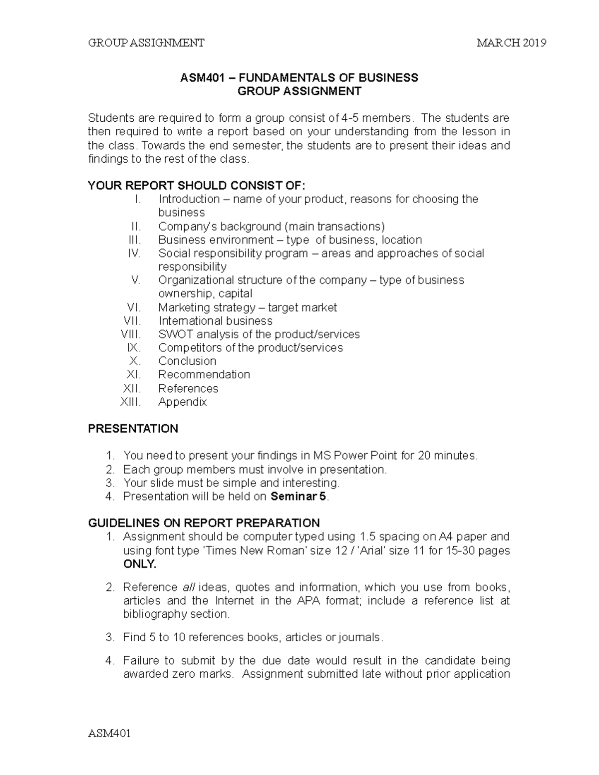 Group Assignment ASM401 March 2019 - ASM401 – FUNDAMENTALS OF BUSINESS ...