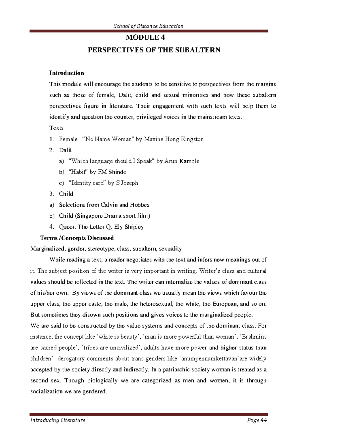 Literature 4 module perspective of the subaltern - MODULE 4 ...