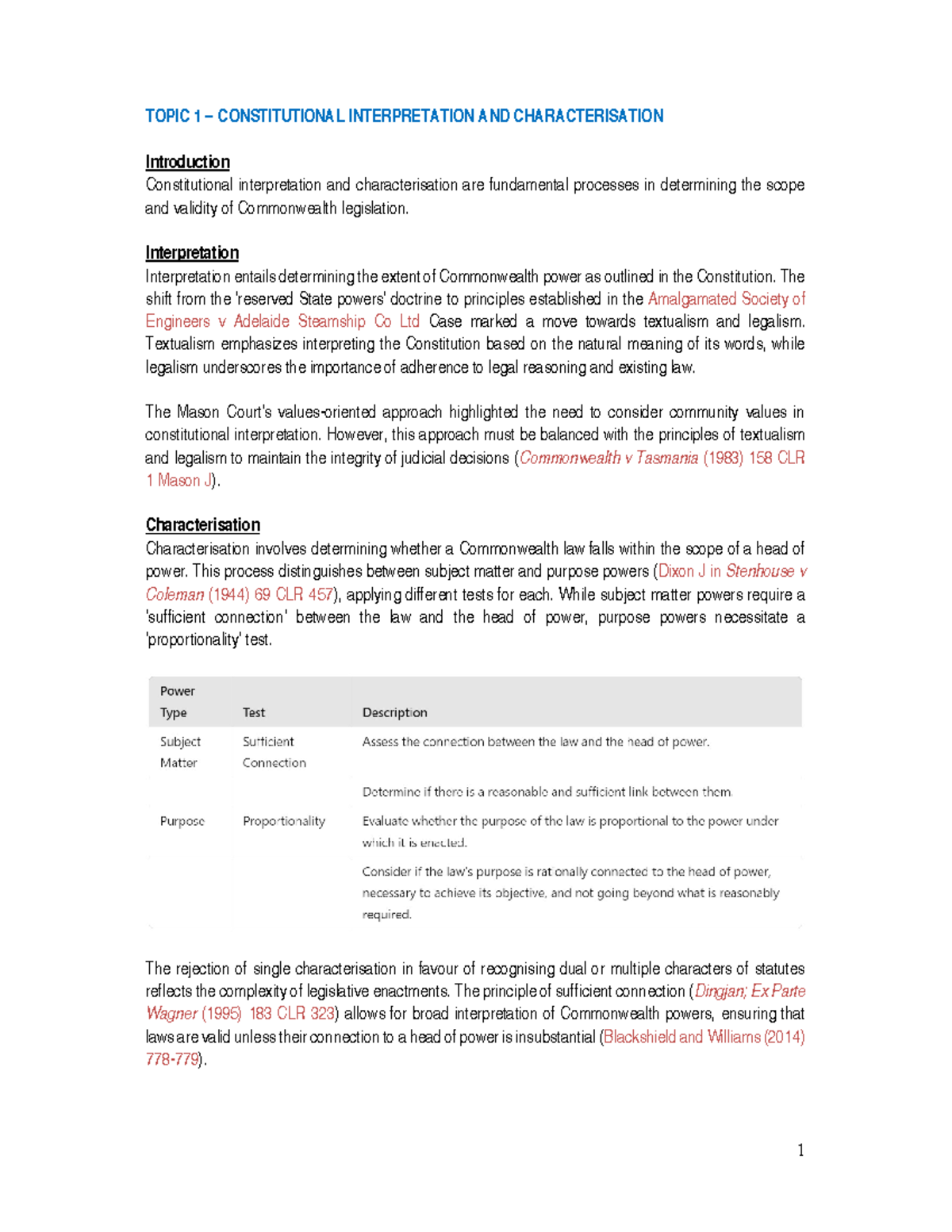 Topic 1 – Constitutional Interpretation AND Characterisation - 1 TOPIC ...