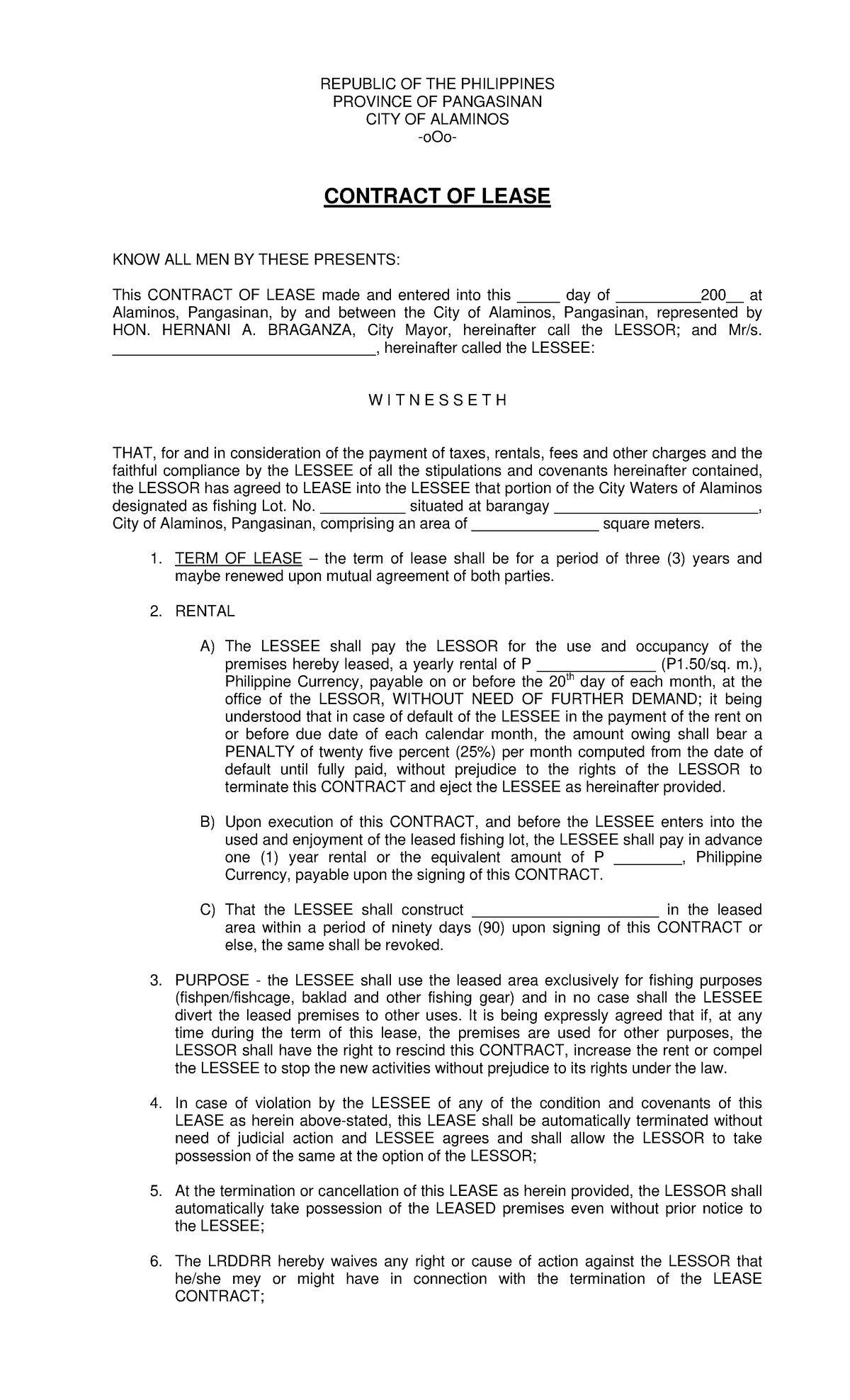 Contract OF Lease - REPUBLIC OF THE PHILIPPINES PROVINCE OF PANGASINAN CITY OF ALAMINOS -oOo ...