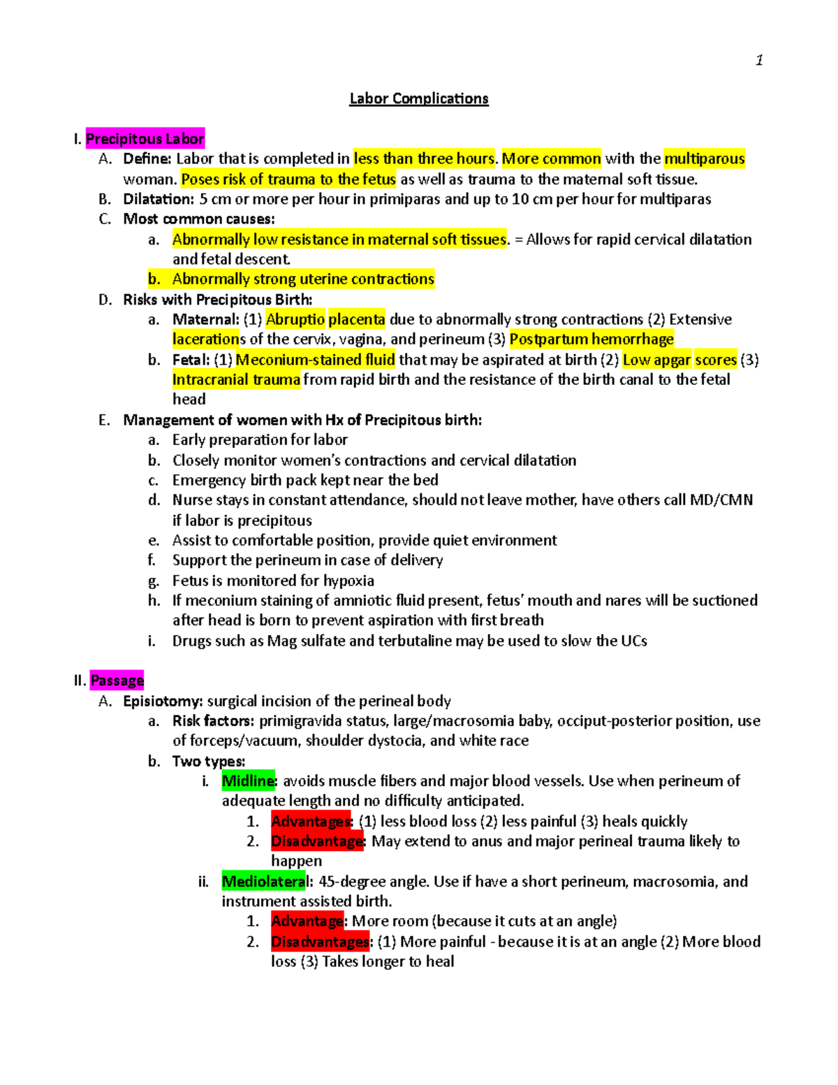 OB Exam 3 Outline - Labor Complications I. Precipitous Labor A. Define ...
