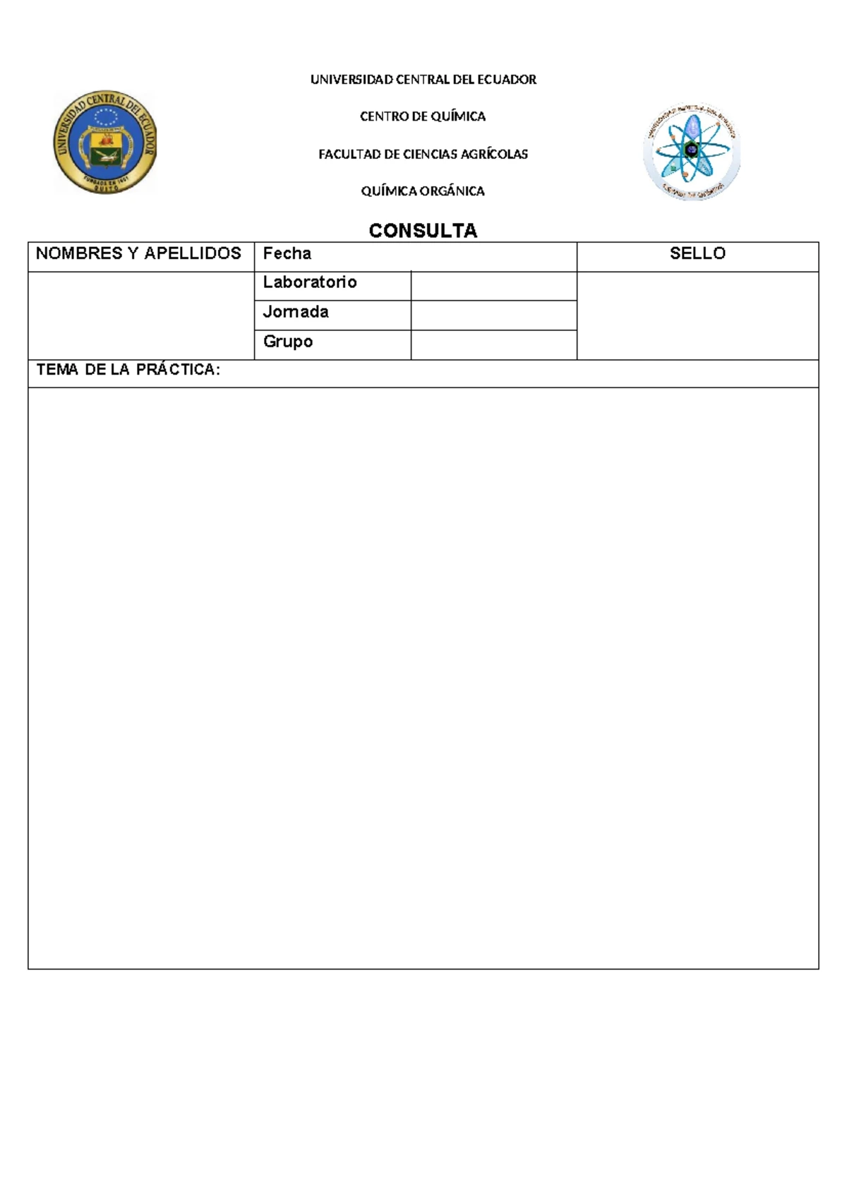 Formato Consulta - UNIVERSIDAD CENTRAL DEL ECUADOR CENTRO DE QUÍMICA ...