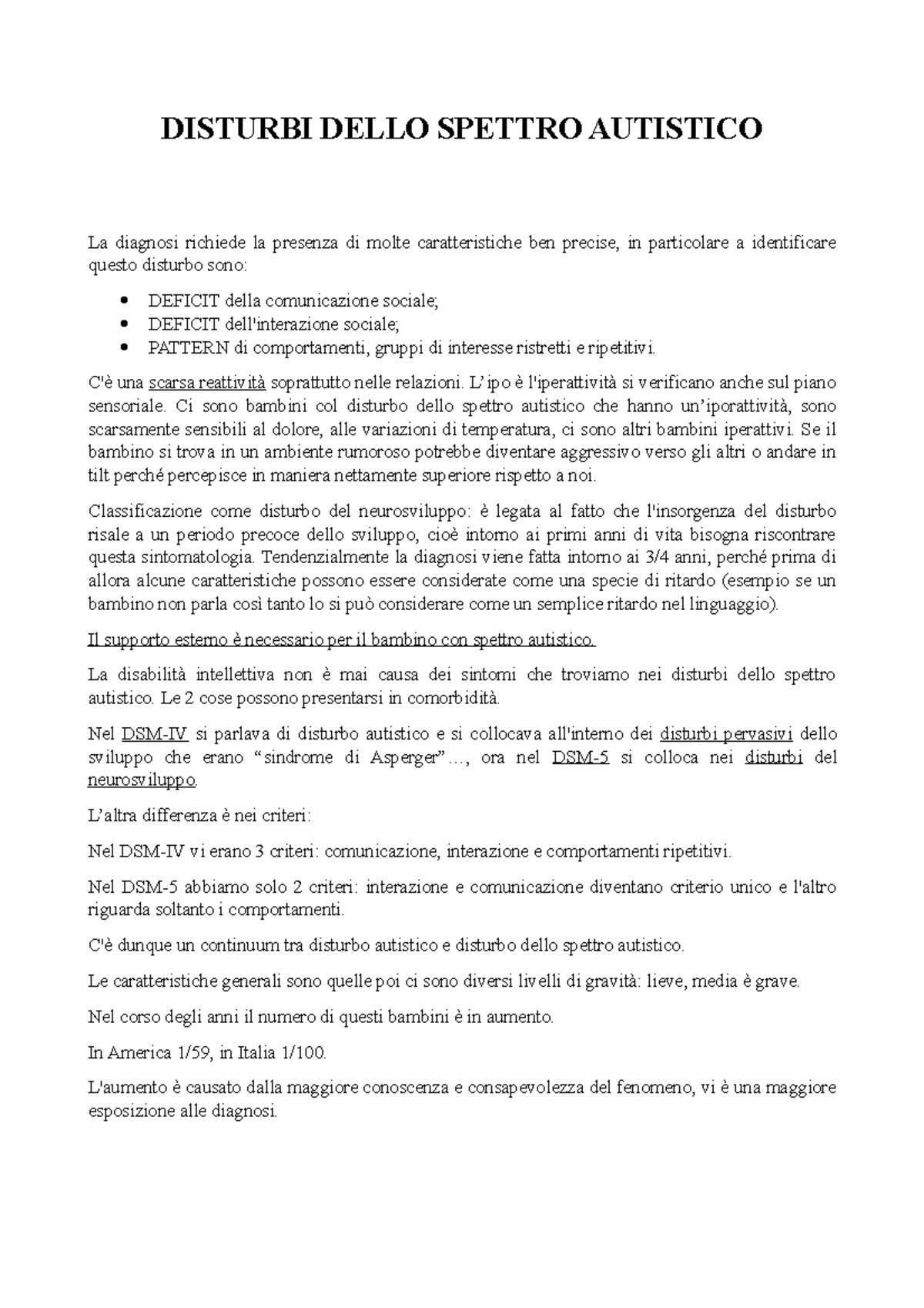 Spettro autistico - Riassunto Psicologia della disabilità e dei ...