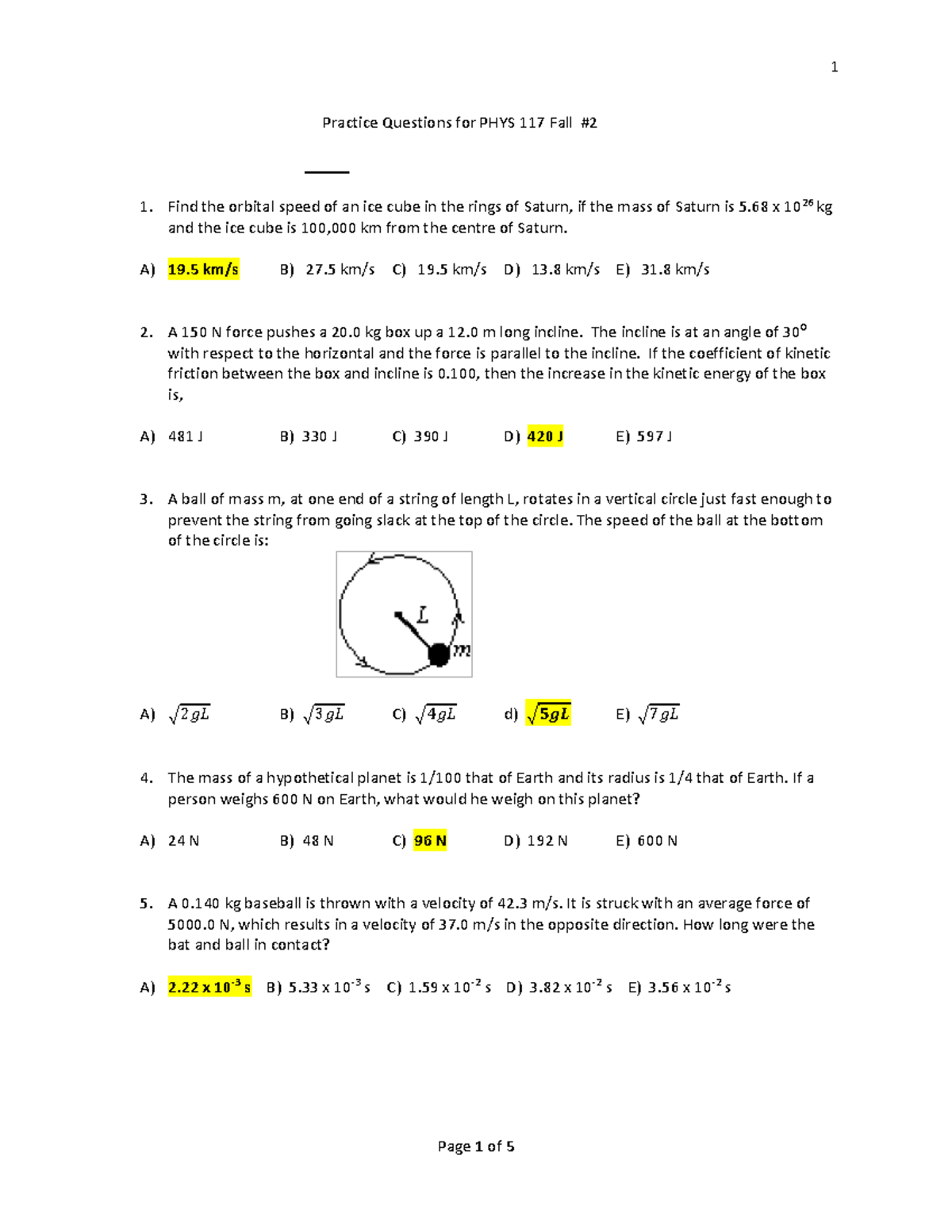 Fall Term Practice part 2 - Practice Questions for PHYS 117 Fall # Find ...