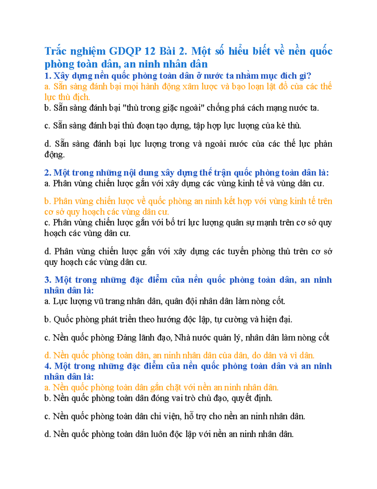 Trắc nghiệm GDQP 12 Bài 2 - Một số hiểu biết về nền quốc phòng toàn dân, an ninh nhân dân 1. Xây ...