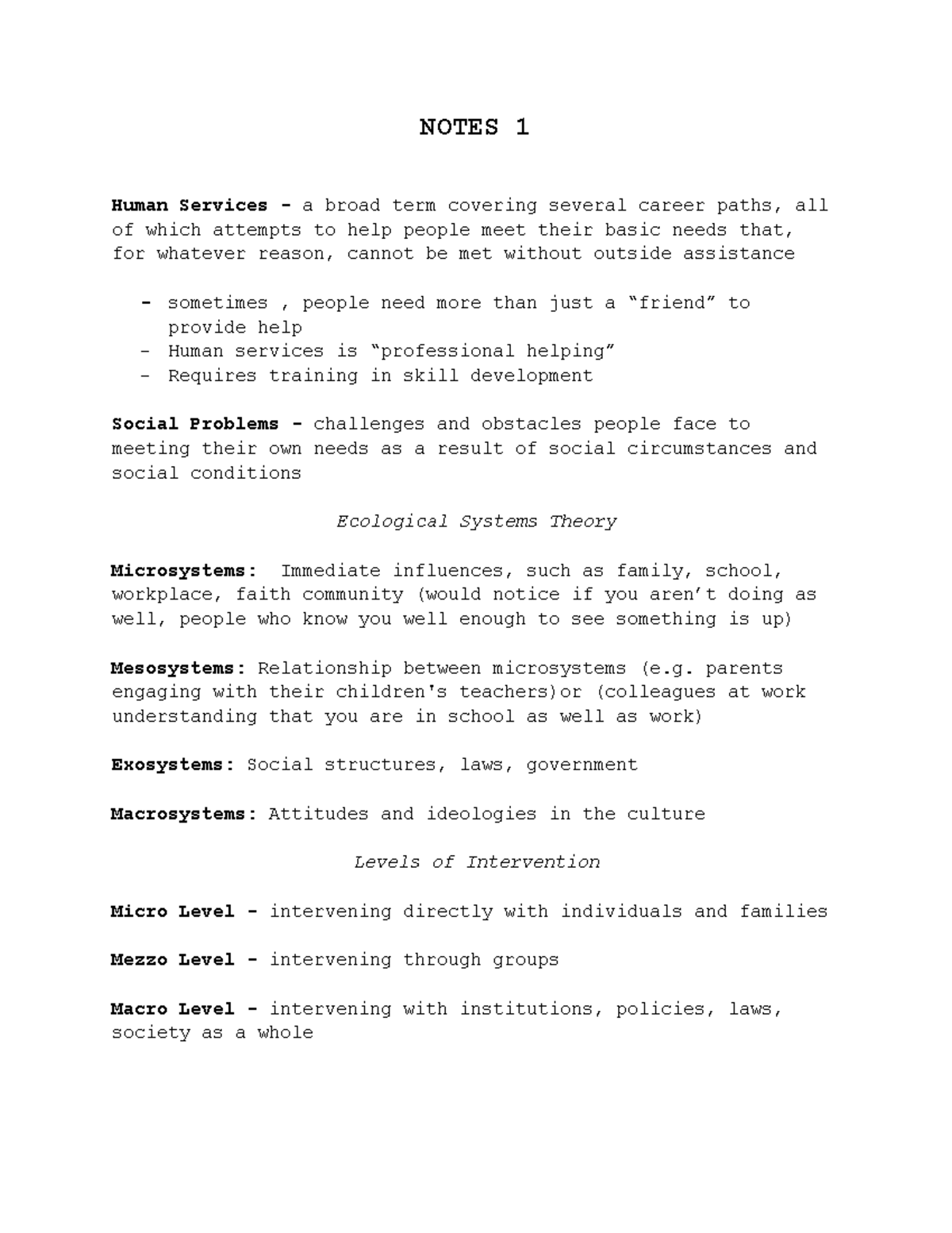 Intro to human services - NOTES 1 Human Services - a broad term ...