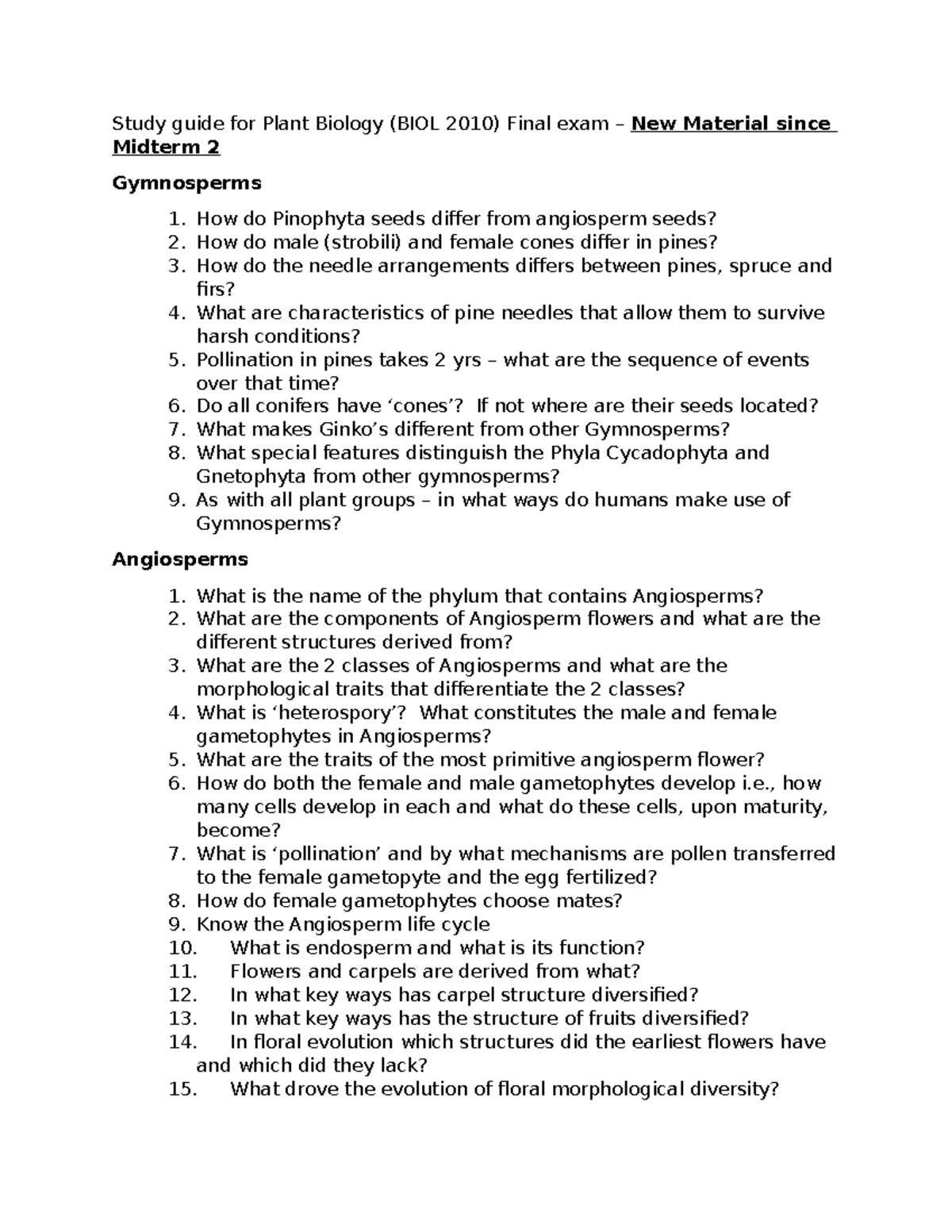 Study guide Final exam 2024 - Study guide for Plant Biology (BIOL 2010 ...