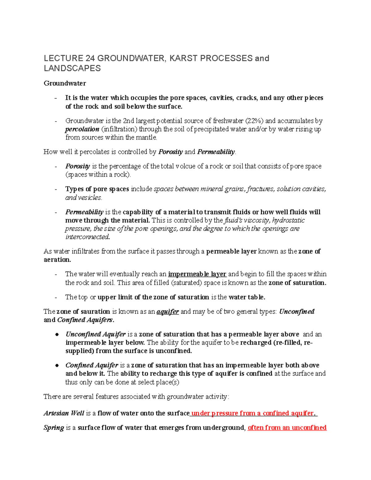 GEOG Lecture 24 - NOTES - LECTURE 24 GROUNDWATER, KARST PROCESSES and ...