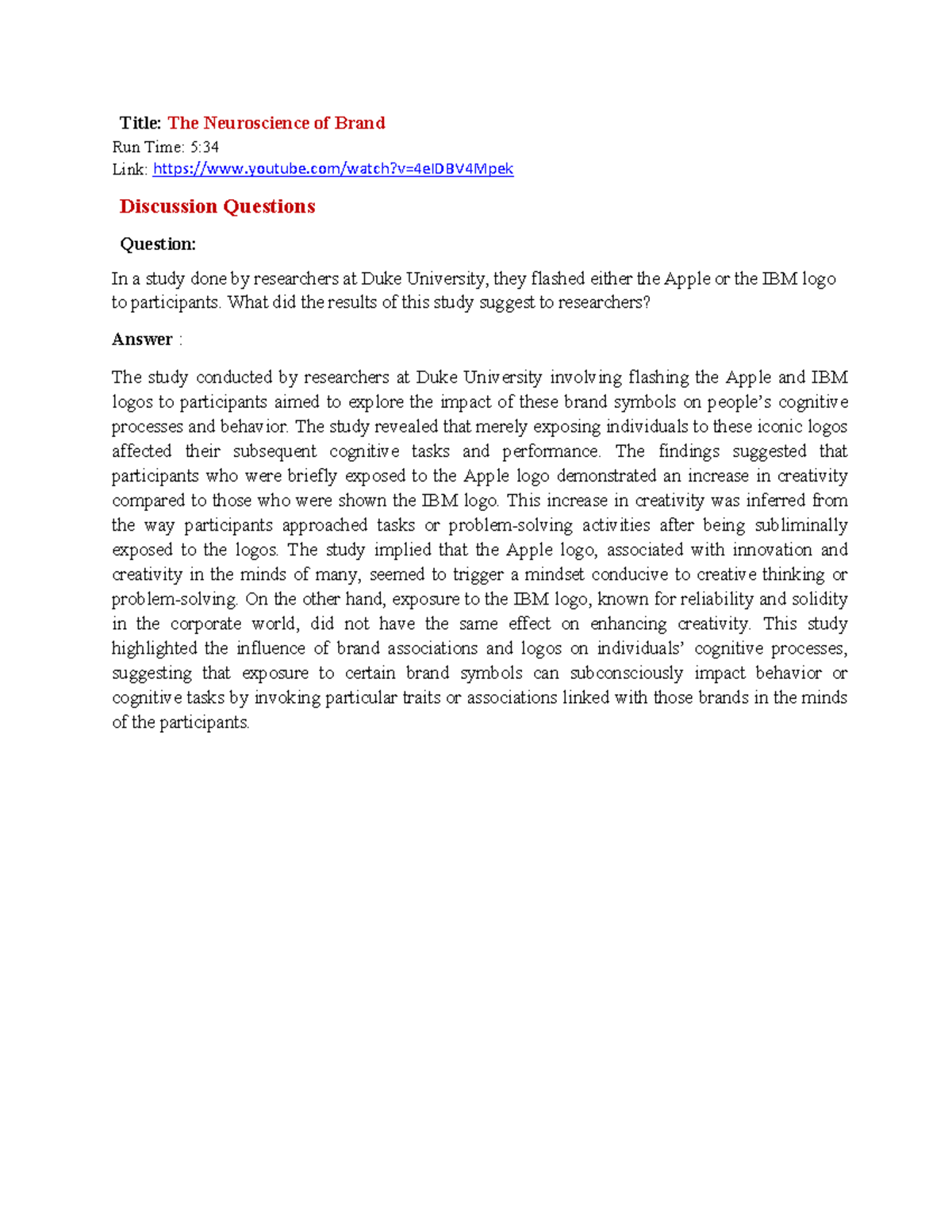 Chapter 4 Tutorial - Title: The Neuroscience of Brand Run Time: 5: Link ...