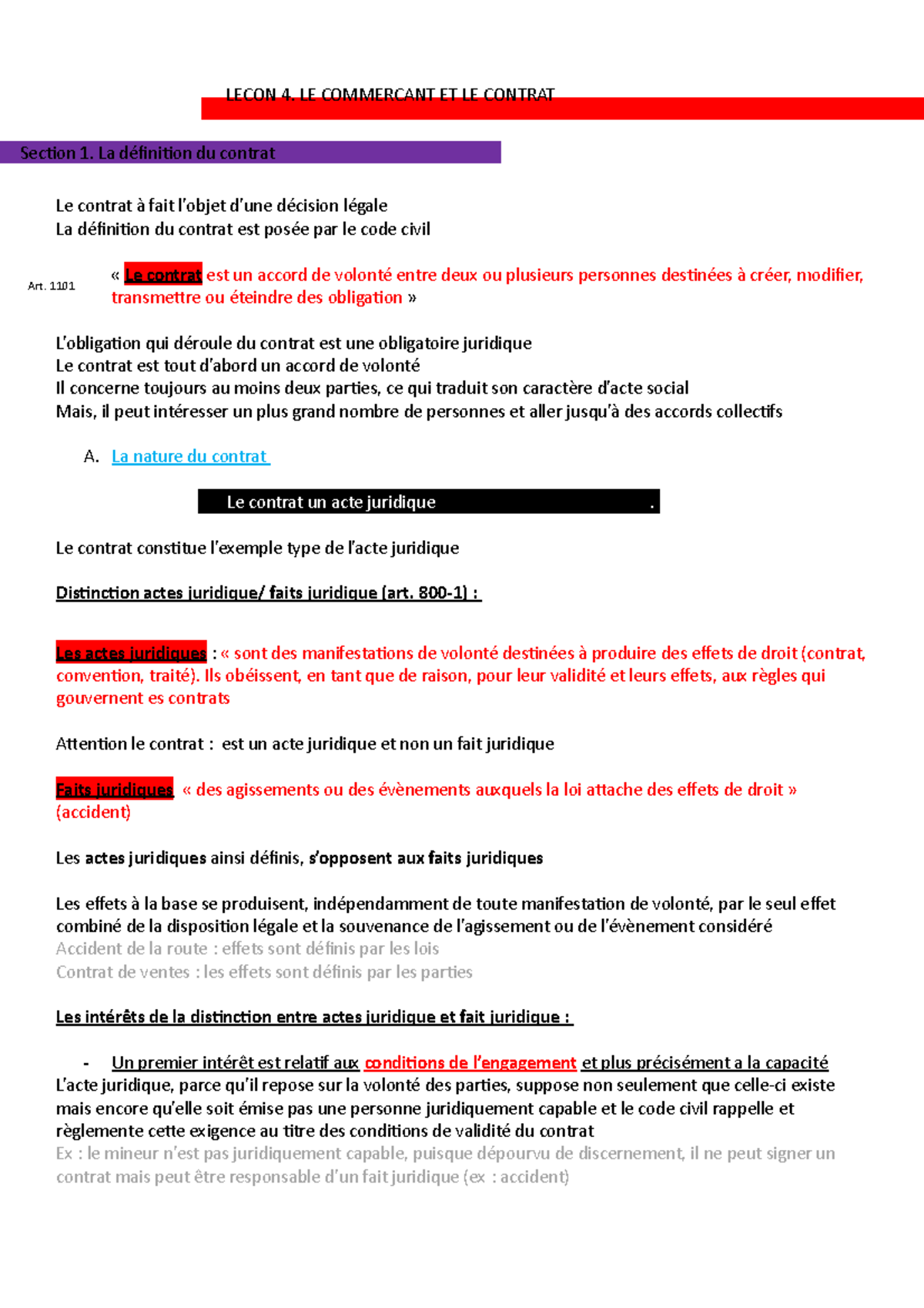 Lecon 4 - Leçon 4 Cours de droit - Le contrat à fait l’objet d’une ...