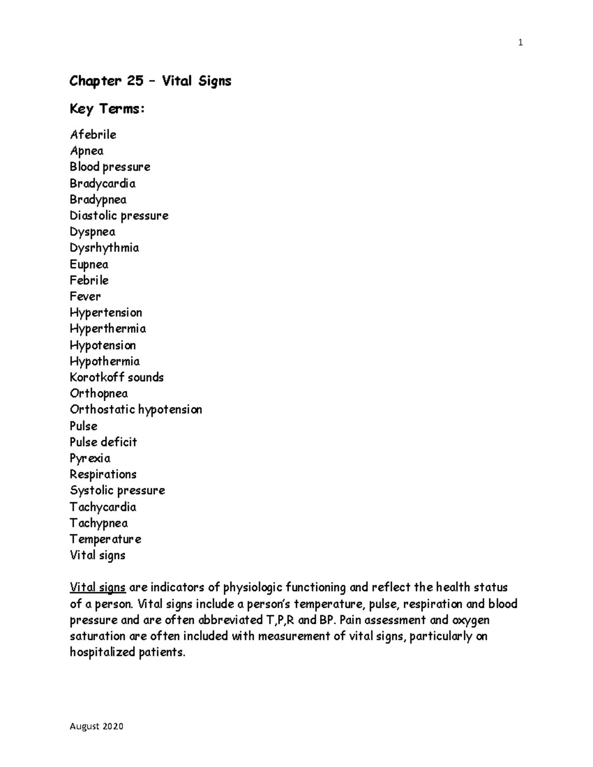 Chapter 25 Vital Signs - ... - Chapter 25 – Vital Signs Key Terms ...