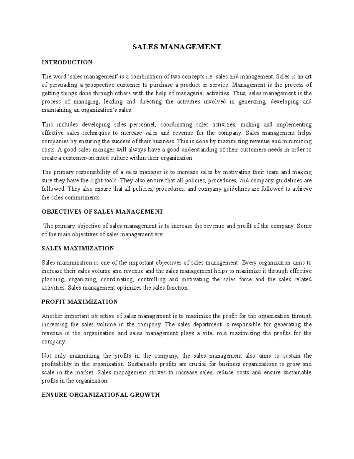 Sales Management - Lecture notes - SALES MANAGEMENT INTRODUCTION The ...