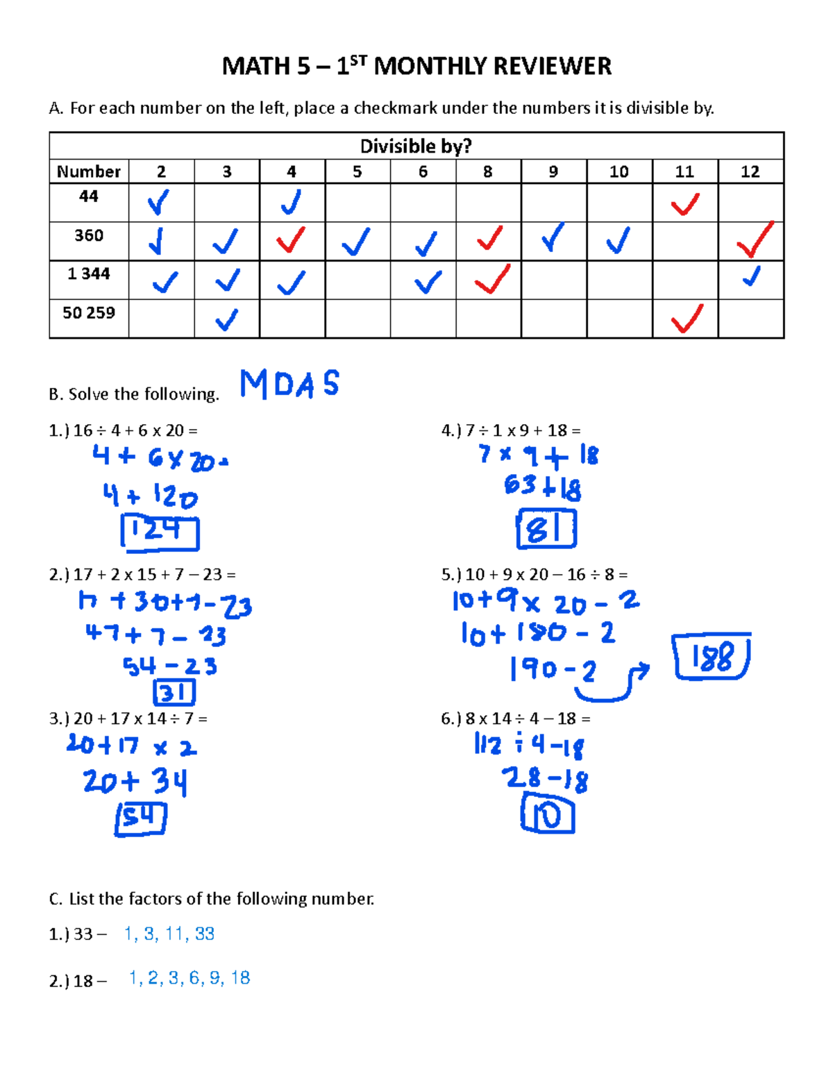 MATH 5 - Reviewer - MATH 5 – 1 ST MONTHLY REVIEWER A. For each number ...
