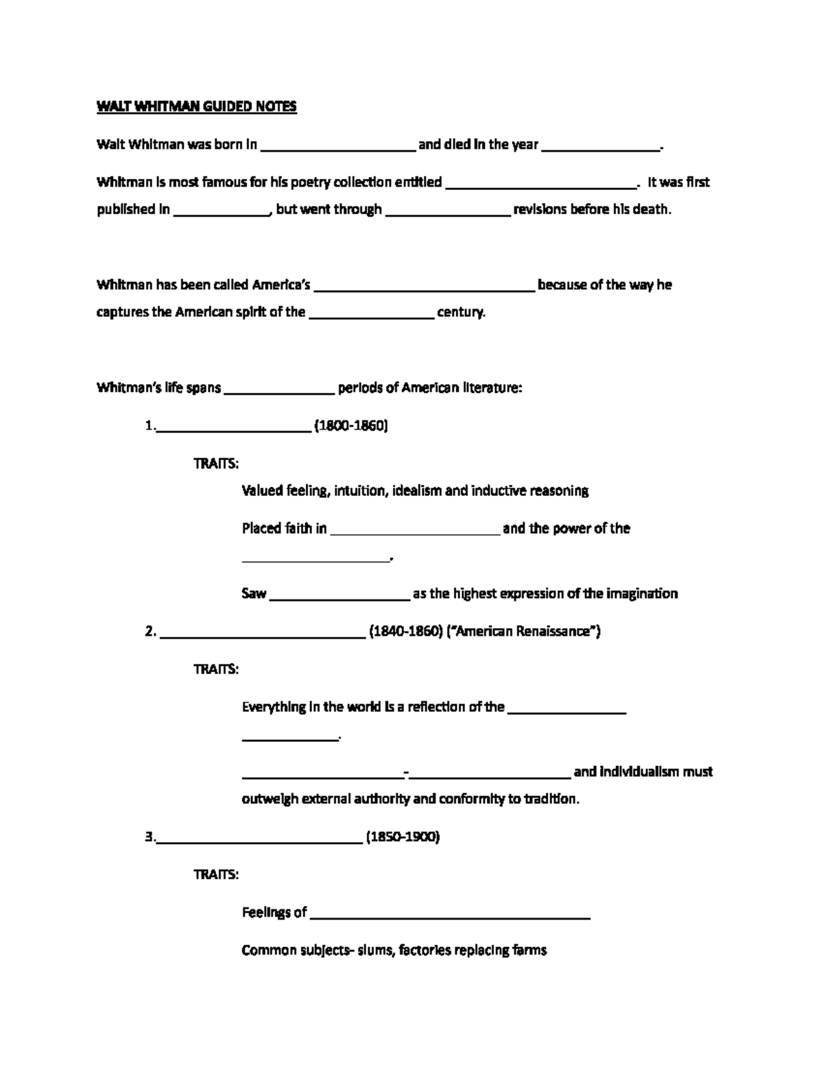 Walt Whitman Guided Notes - WALT WHITMAN GUIDED NOTES Walt Whitman was ...