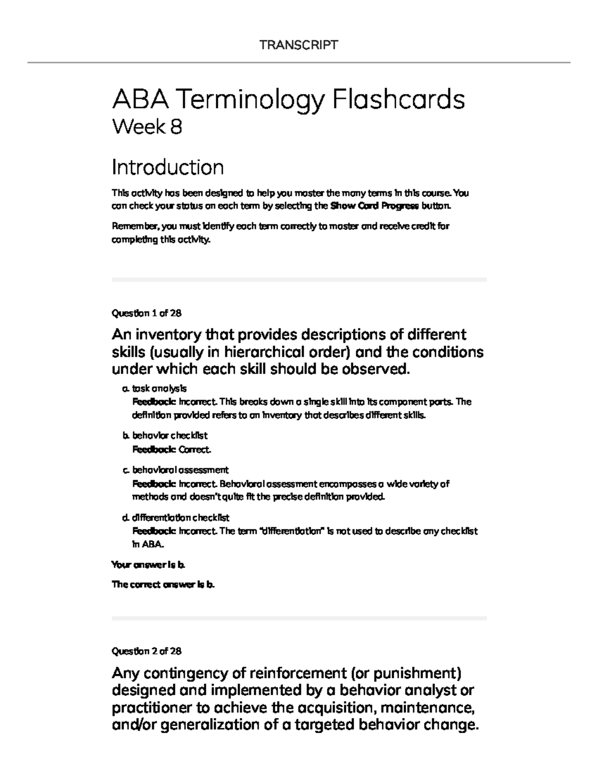 7712 Week 8 Fashcards Answers - TRANSCRIPT ABA Terminology Flashcards Week 8 Introduction This ...