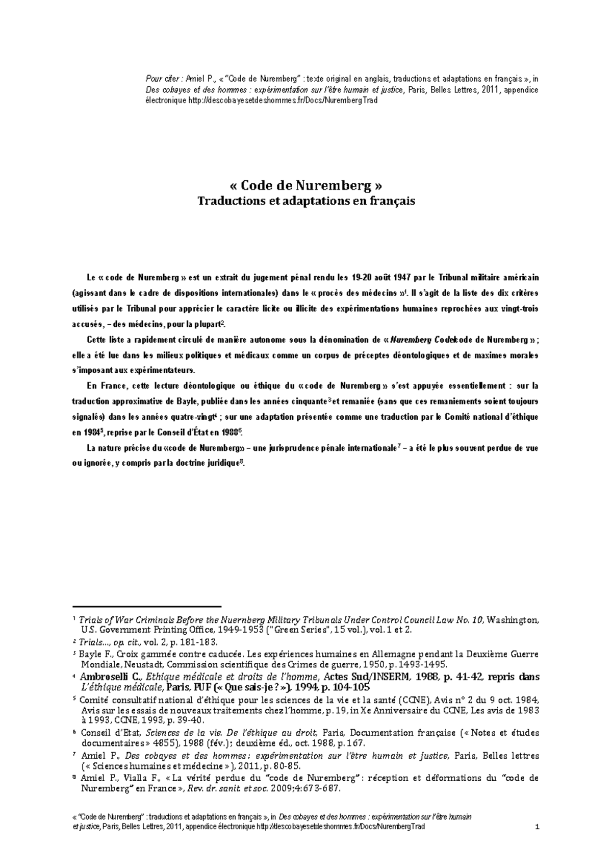 Le Code de Nuremberg - « “Code de Nuremberg” : traductions et ...