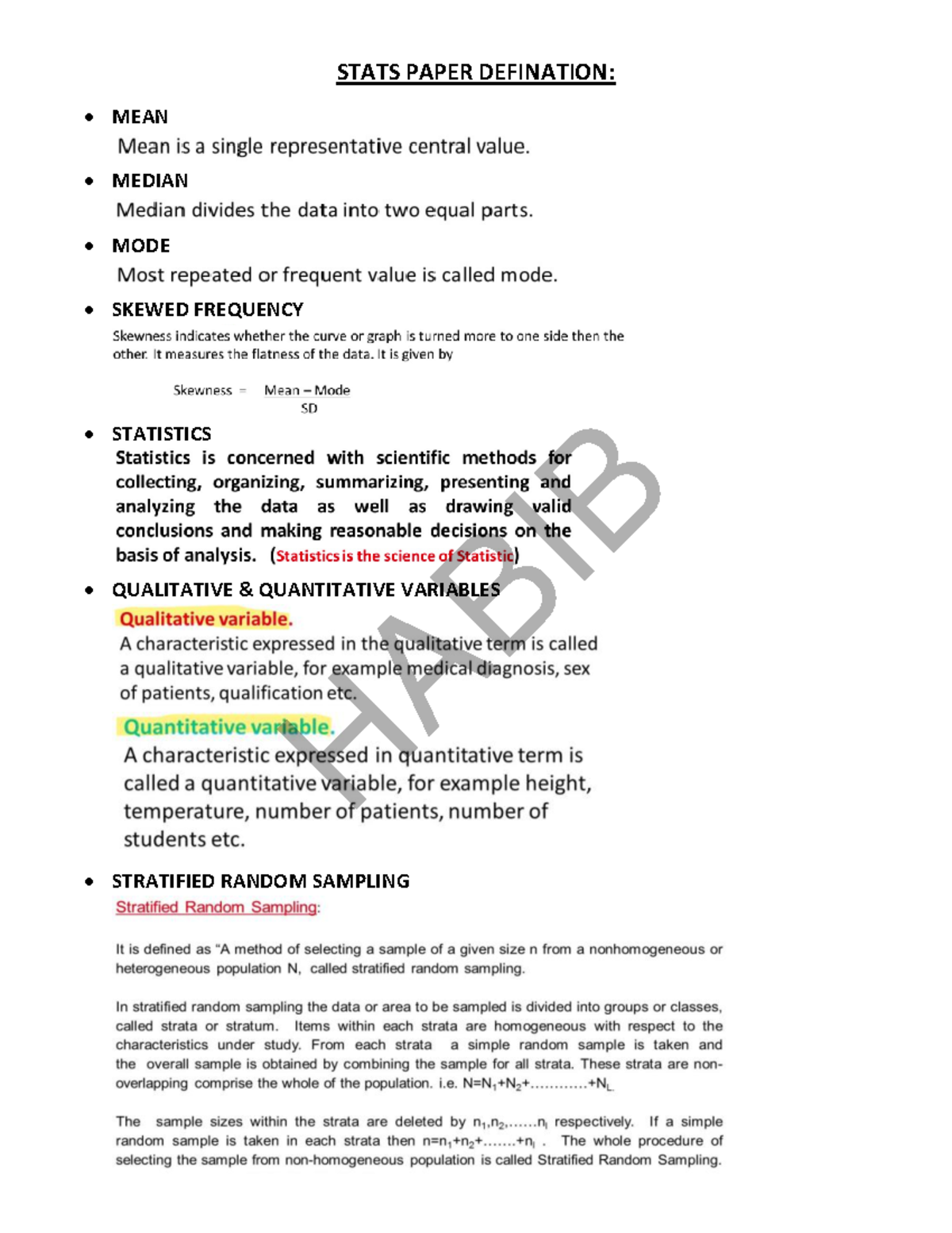 PAST Paper Defination - STATS PAPER DEFINATION: • MEAN • MEDIAN • MODE ...