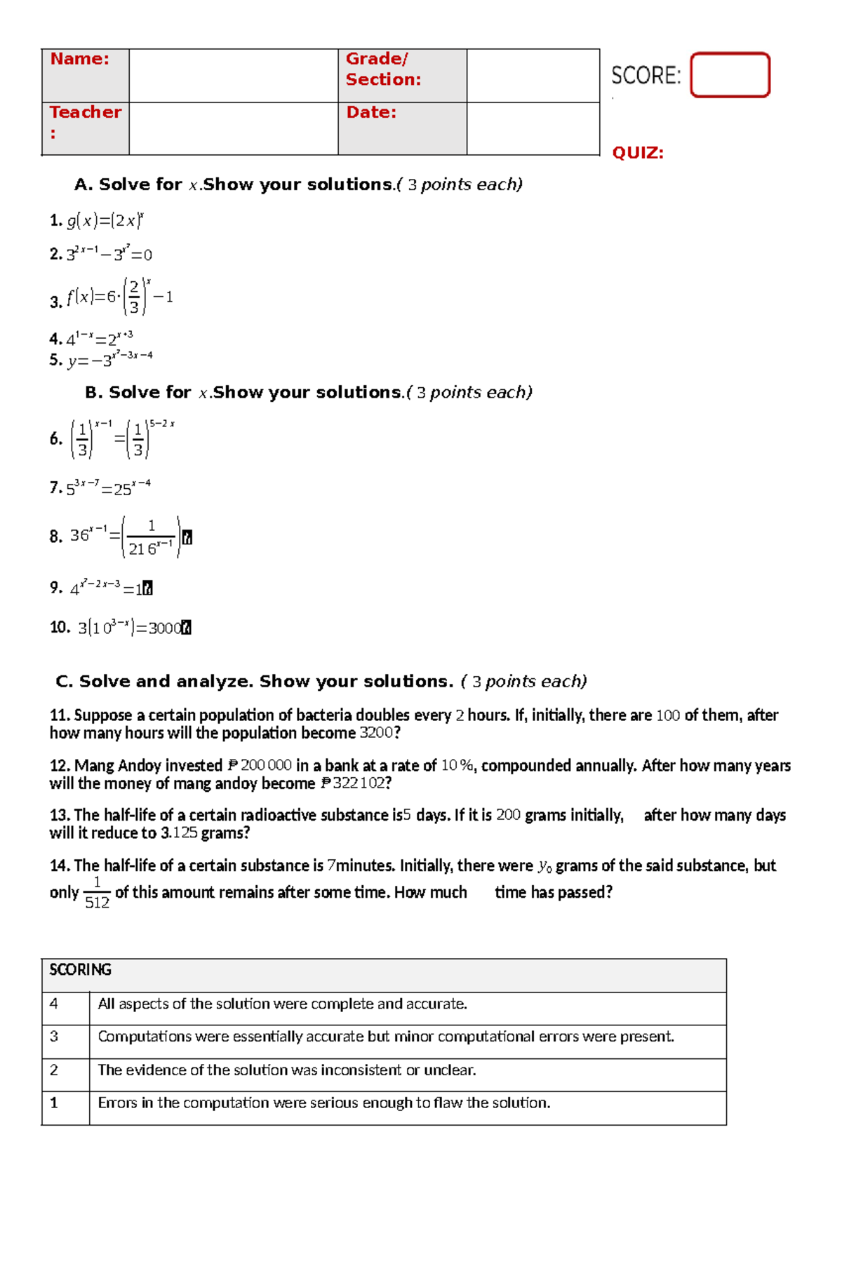 Asynchronous-activity - QUIZ: A. Solve for x .Show your solutions .( 3 points each) g( x )= ( 2 ...