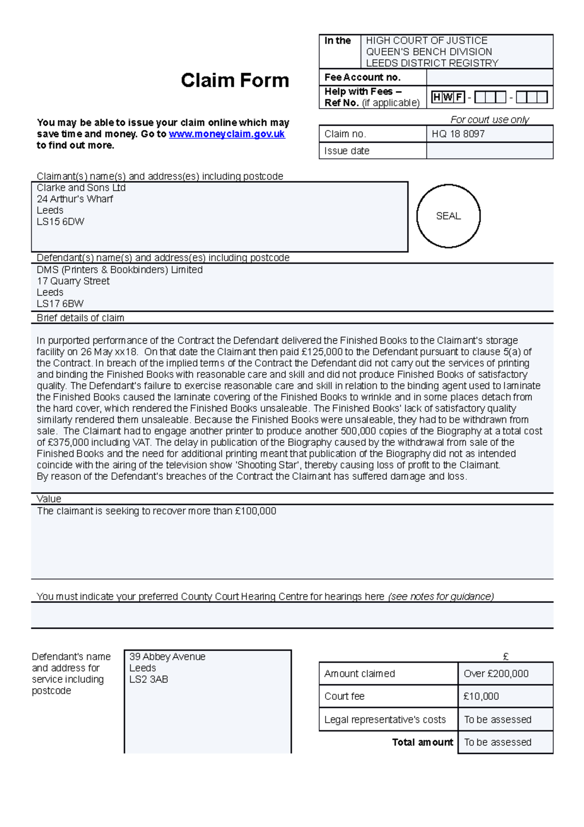 Claim form - In the HIGH COURT OF JUSTICE QUEEN’S BENCH DIVISION LEEDS ...