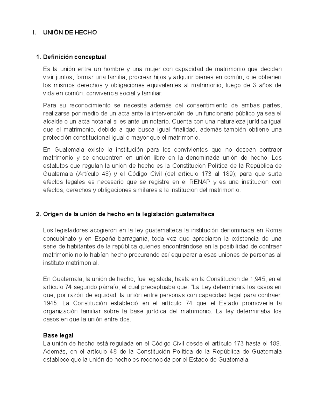 Unión de hecho - Resumen - I. UNIÓN DE HECHO Definición conceptual Es ...