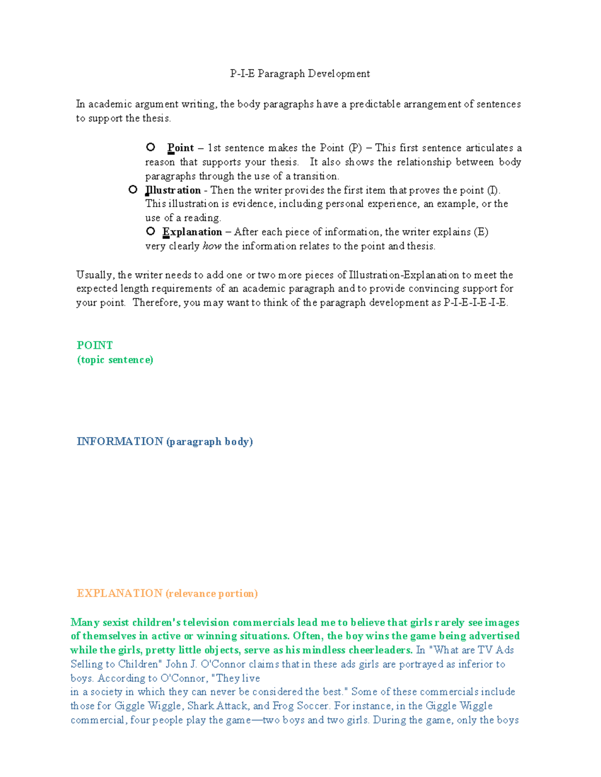 PIE Paragraph Dev.-Branam - P-I-E Paragraph Development In academic ...