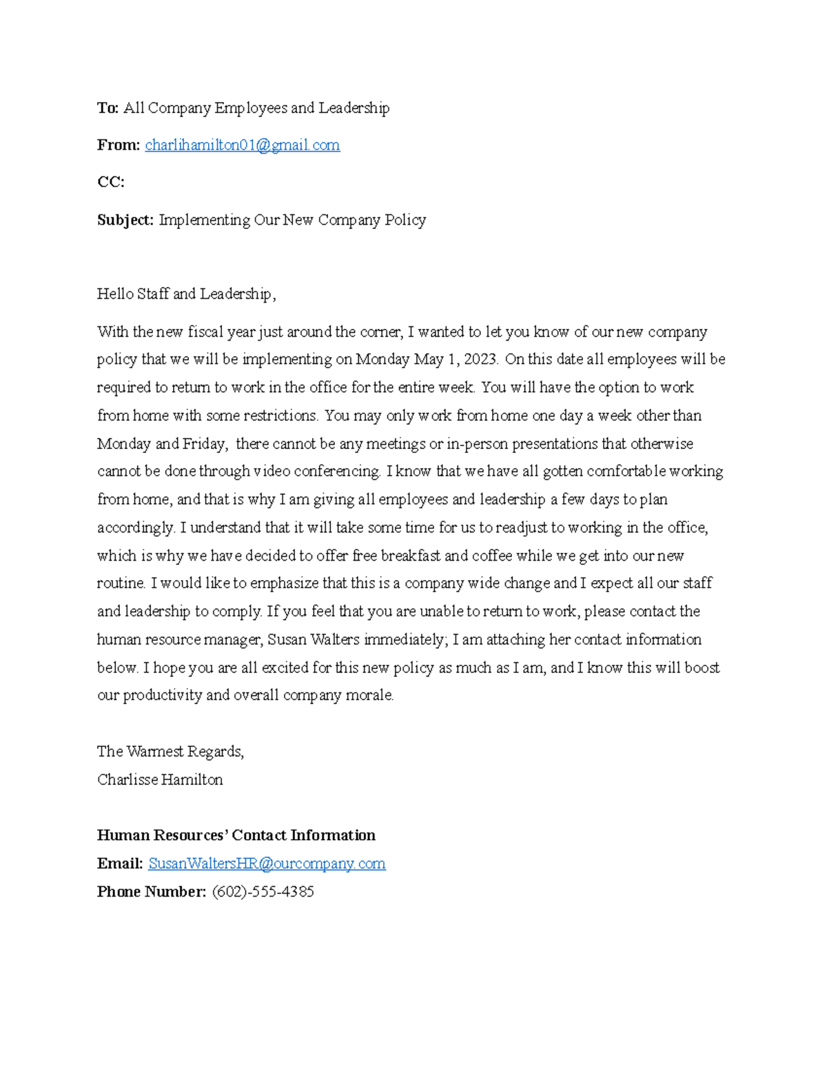 New Company Policy Implementation - Studocu