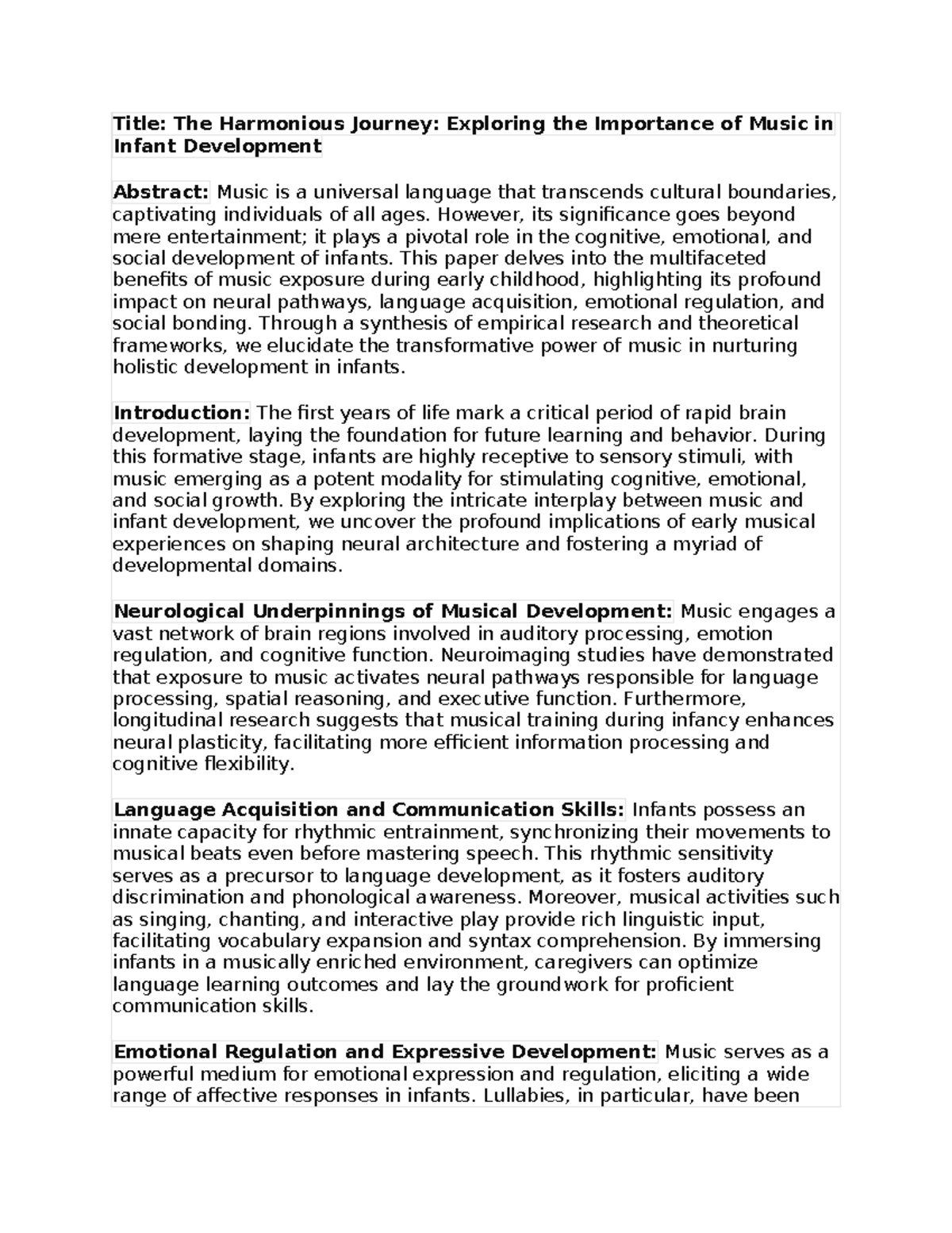 Exploring the Importance of Music in Infant Development - Title: The ...