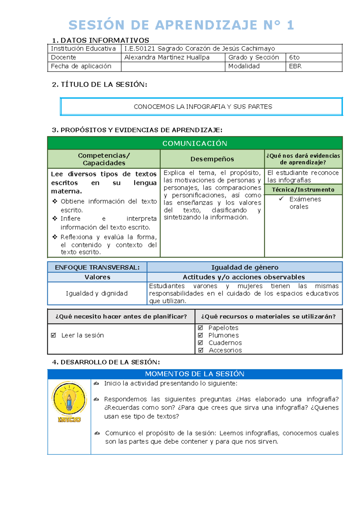 SESION DE APRENDIZAJE - DATOS INFORMATIVOS Institución Educativa I.E Sagrado Corazón de Jesús ...