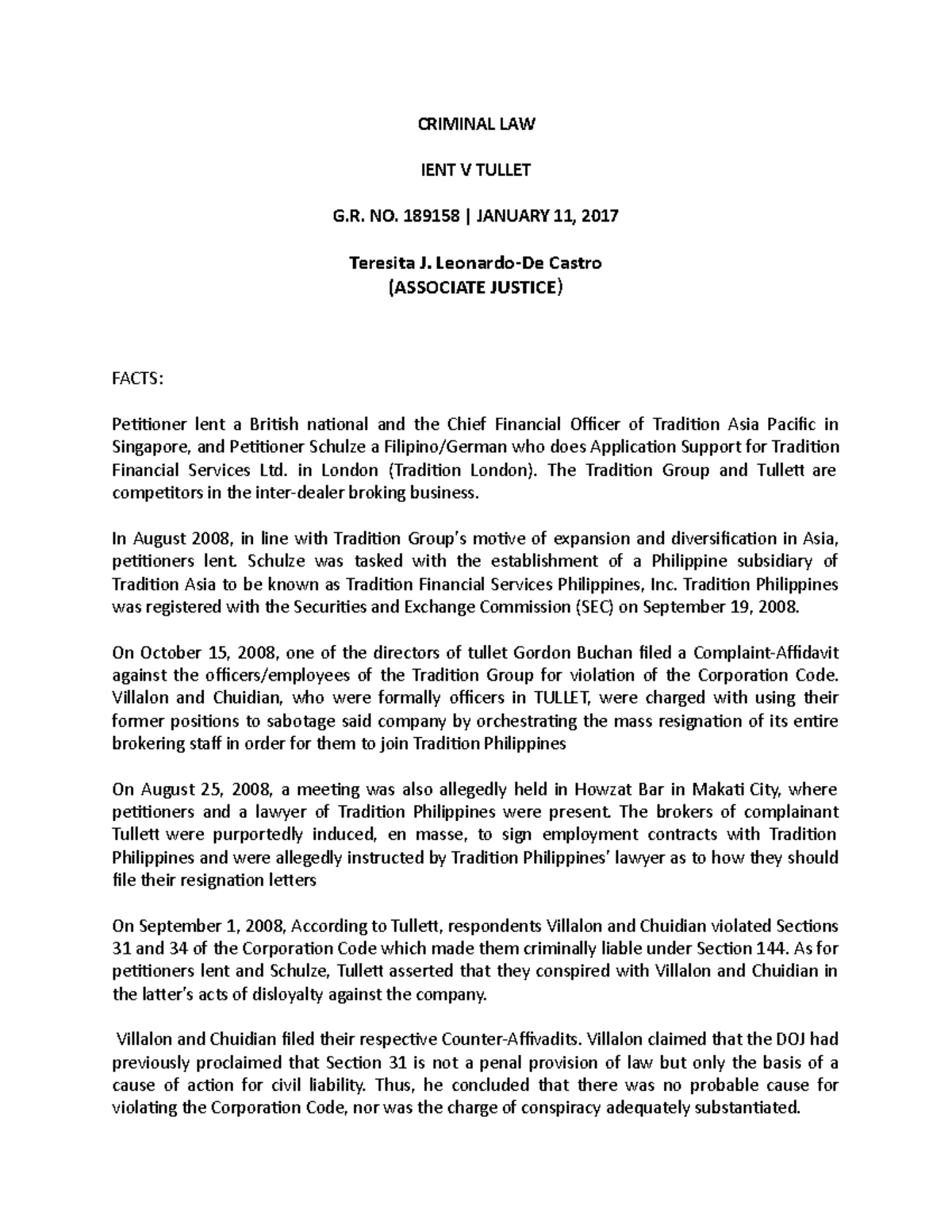 CRIM 1 (IENT V Tullet) - CRIMINAL LAW IENT V TULLET G. NO. 189158 ...