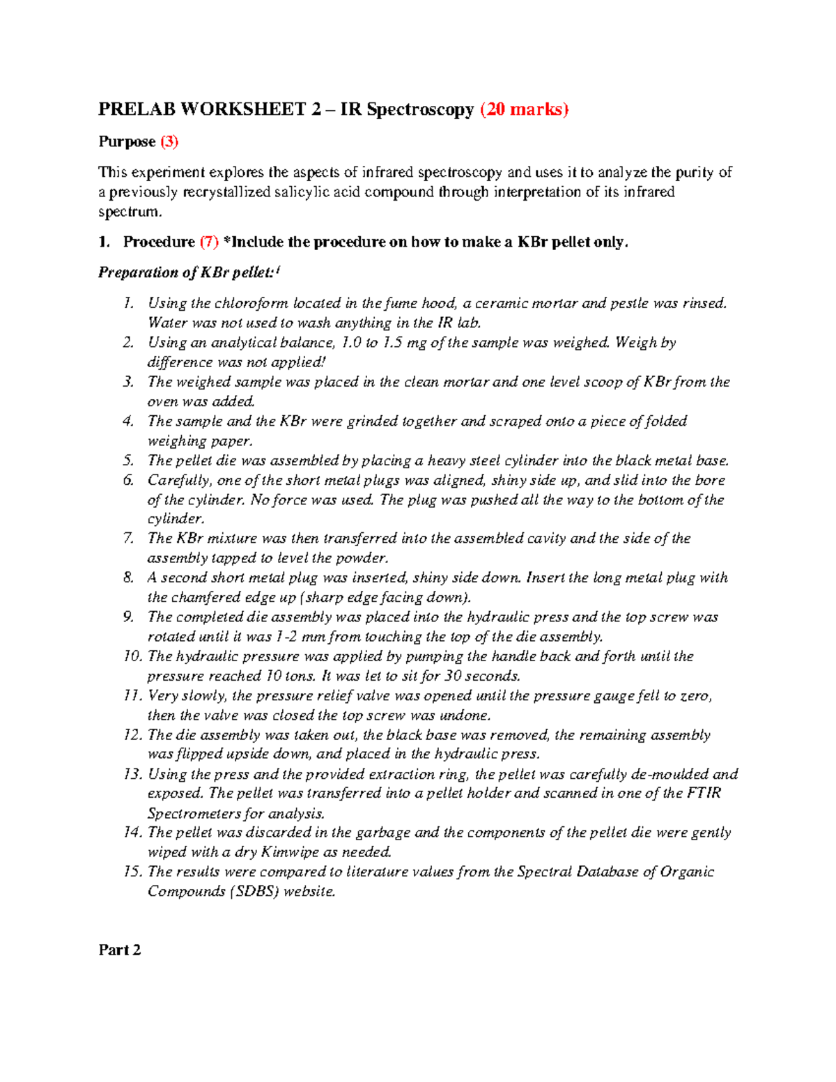Chamseddine 101267447 pre-lab 2 - PRELAB WORKSHEET 2 – IR Spectroscopy ...