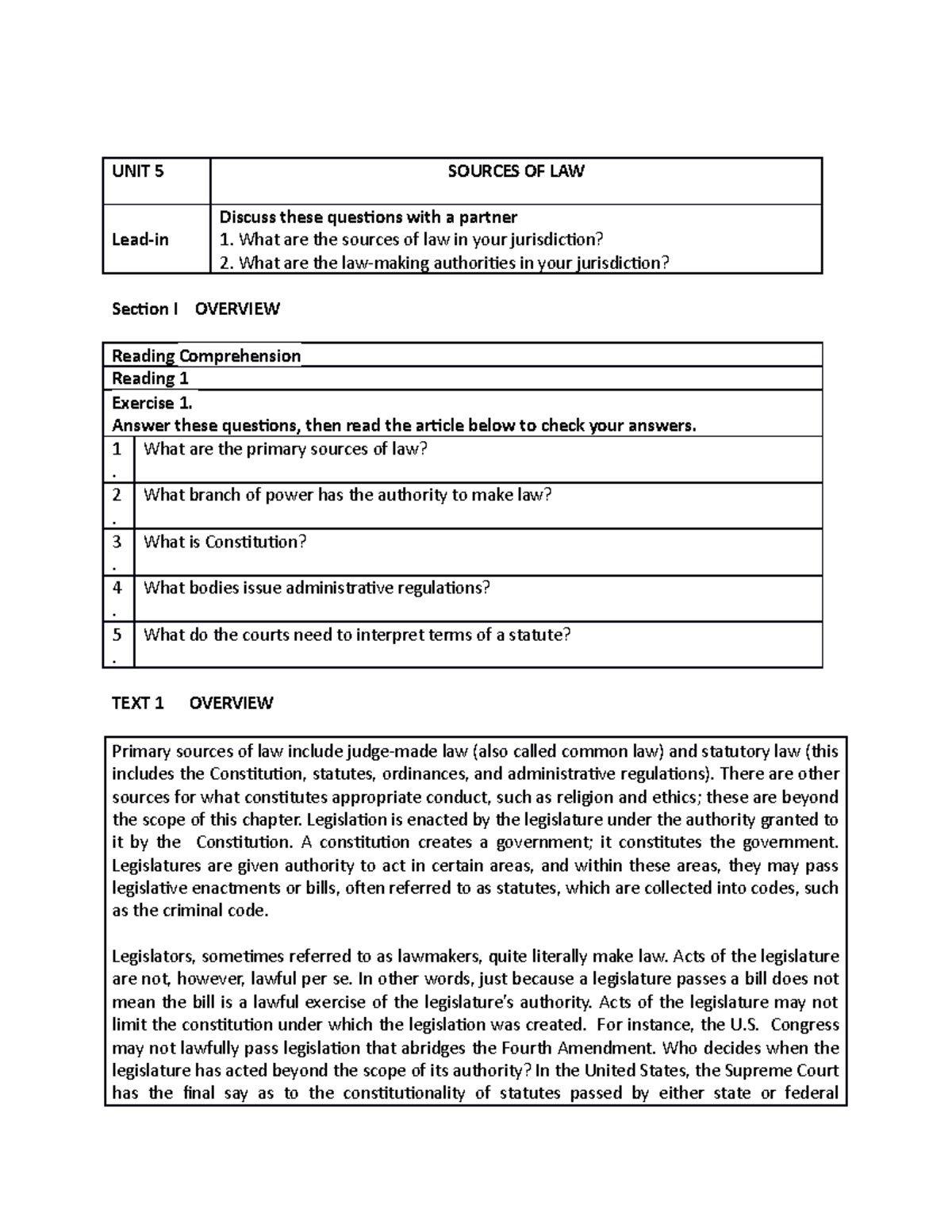 Unit-5 Sources-of-Law - UNIT 5 SOURCES OF LAW Lead-in Discuss these ...