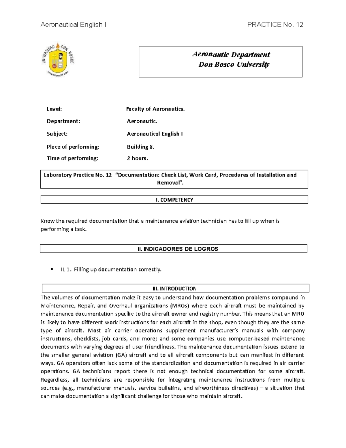 Lab 12-INA471 - holo hola hola hola - Aeronautical English I PRACTICE ...