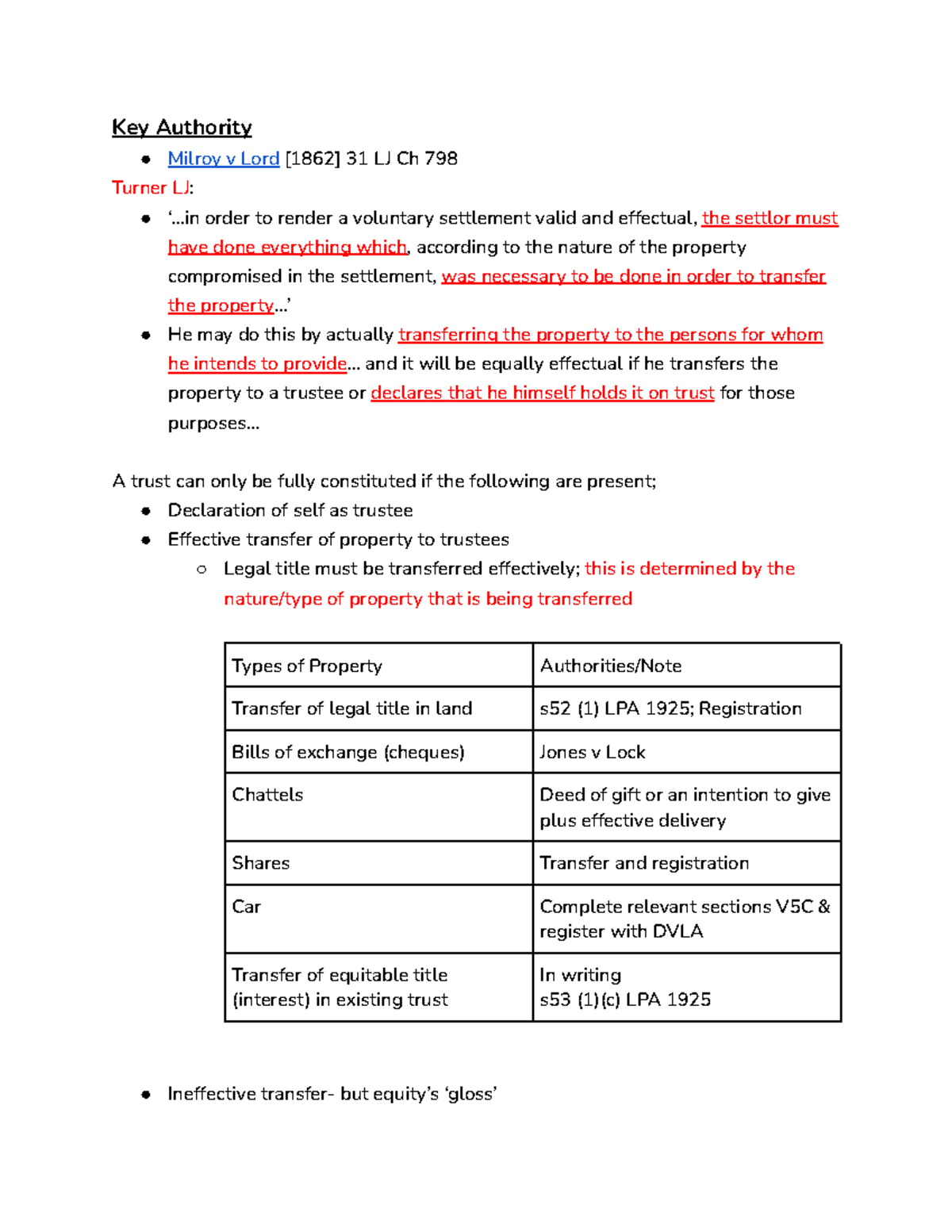 Effective Transfer of Title - Key Authority Milroy v Lord [1862] 31 LJ ...
