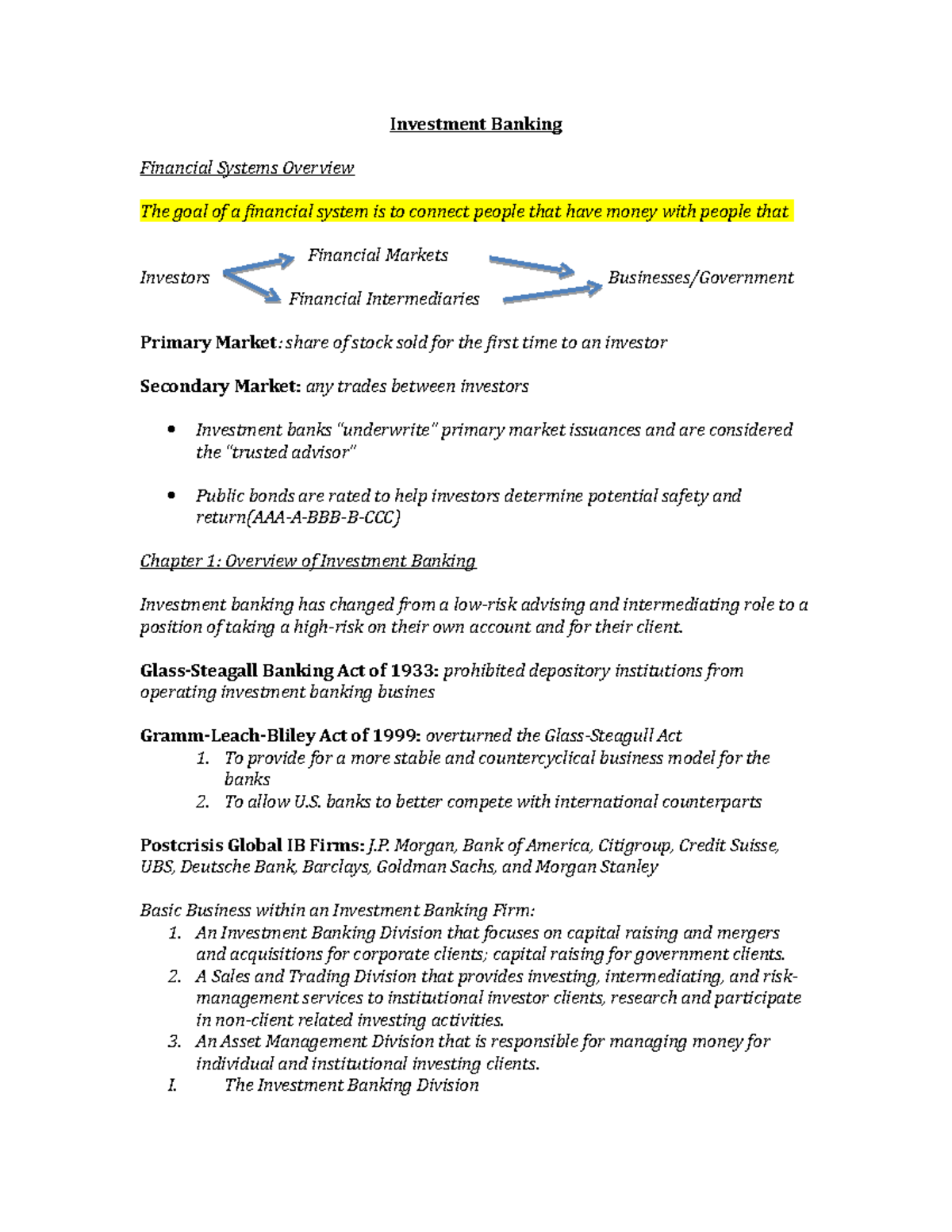 IB1 - Chapter 1 Summary for Intro to Investment Banking - Investment ...