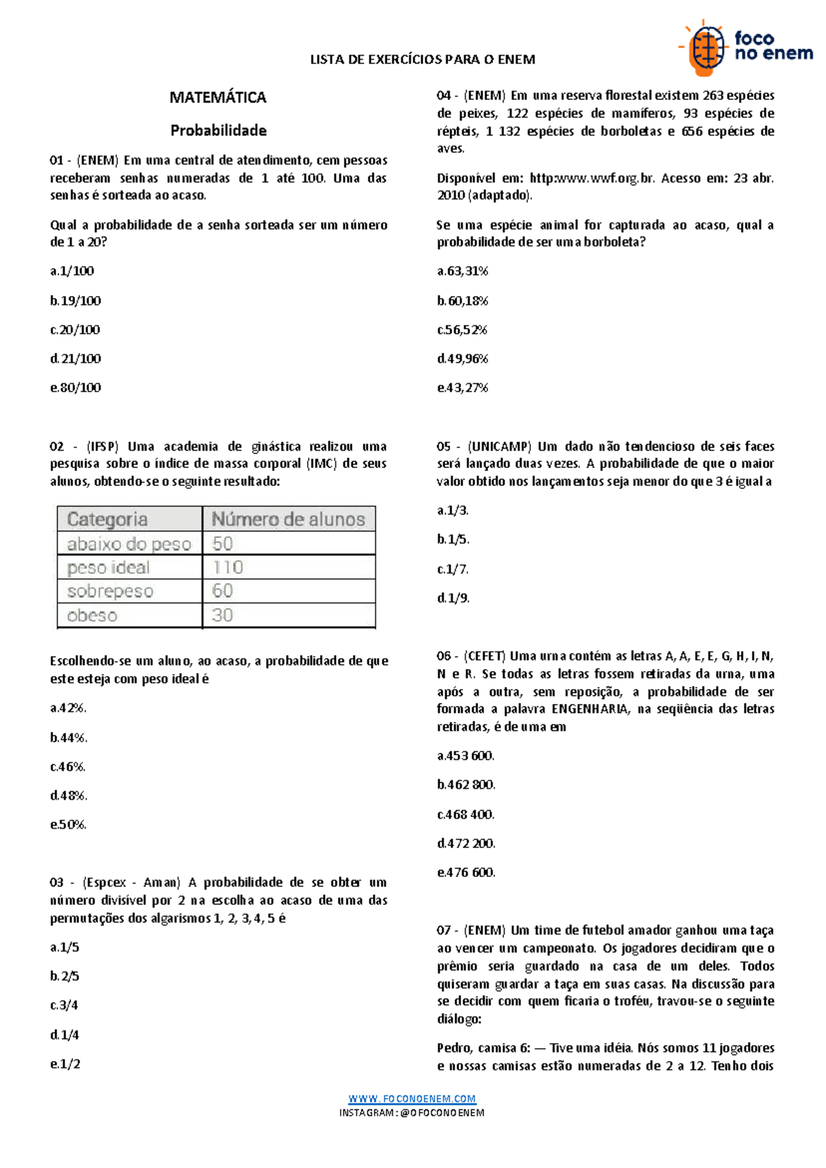 Probabilidade Lista de Exercicios Matematica ENEM - MATEMÁTICA ...