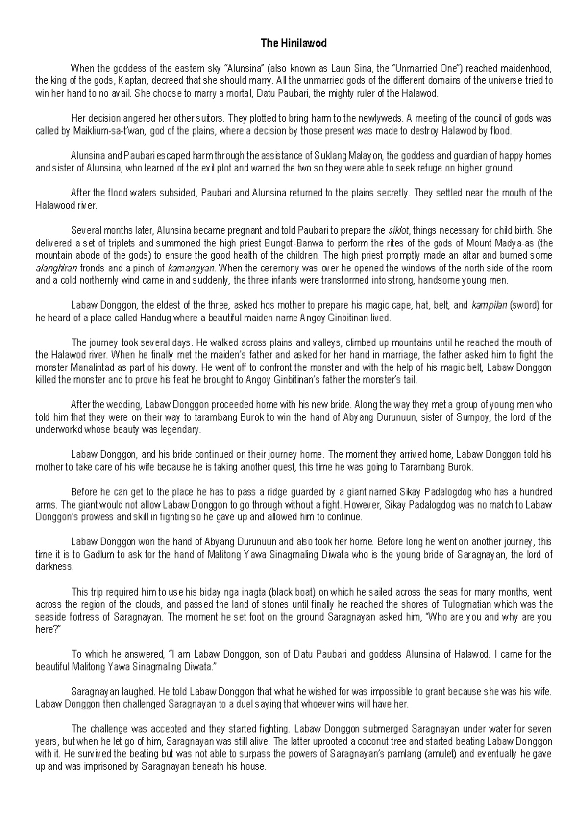 Page1 hinilawod - Epic - The Hinilawod When the goddess of the eastern ...