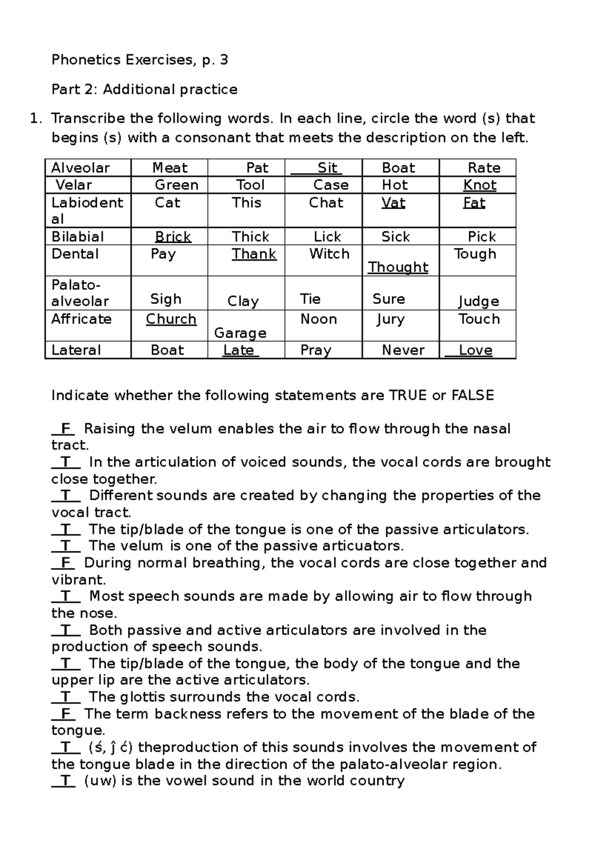 Trabajo final Fonética - Phonetics Exercises, p. 3 Part 2: Additional practice Transcribe the ...