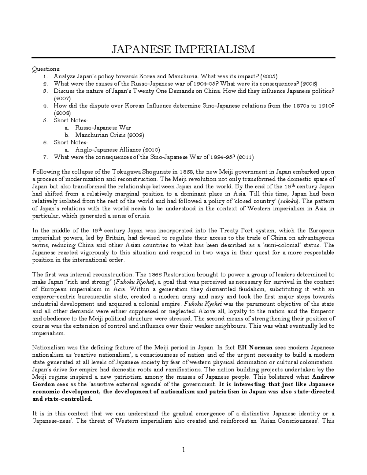 Japanese Imperialism Final - JAPANESE IMPERIALISM Questions: 1. Analyze ...