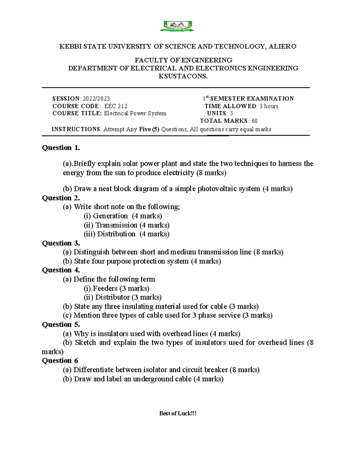 EEC 212. Electrical Power System ND 2 - KEBBI STATE UNIVERSITY OF SCIENCE AND TECHNOLOGY, ALIERO ...