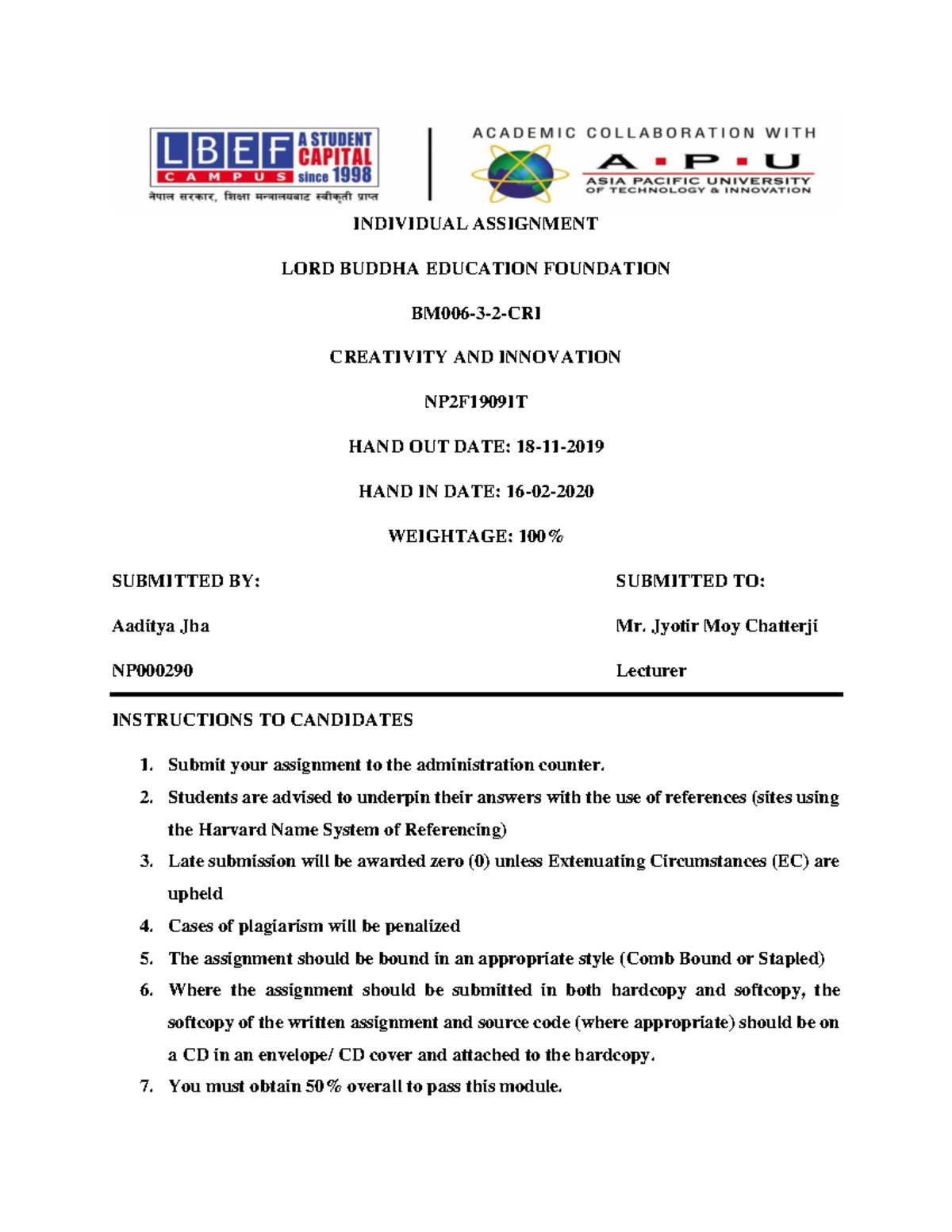 NP000290 BM006 3 2 CRI - CRI assignment - INDIVIDUAL ASSIGNMENT LORD ...