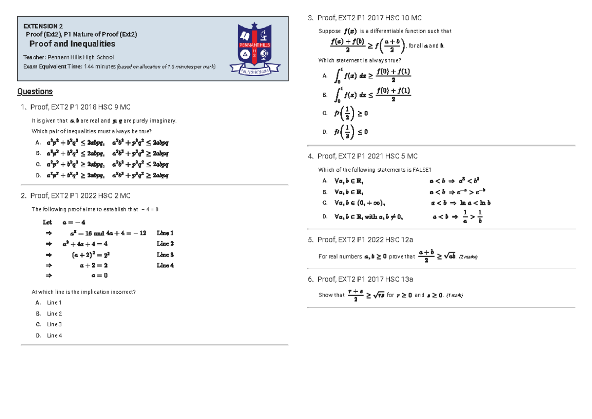 P1 Inequality Proofs - 1. Proof, EXT2 P1 2018 HSC 9 MC 2. Proof, EXT2 ...