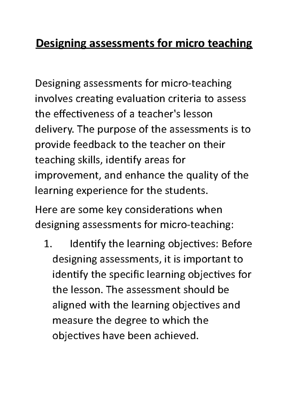 Designing assessments for micro teaching - Designing assessments for ...