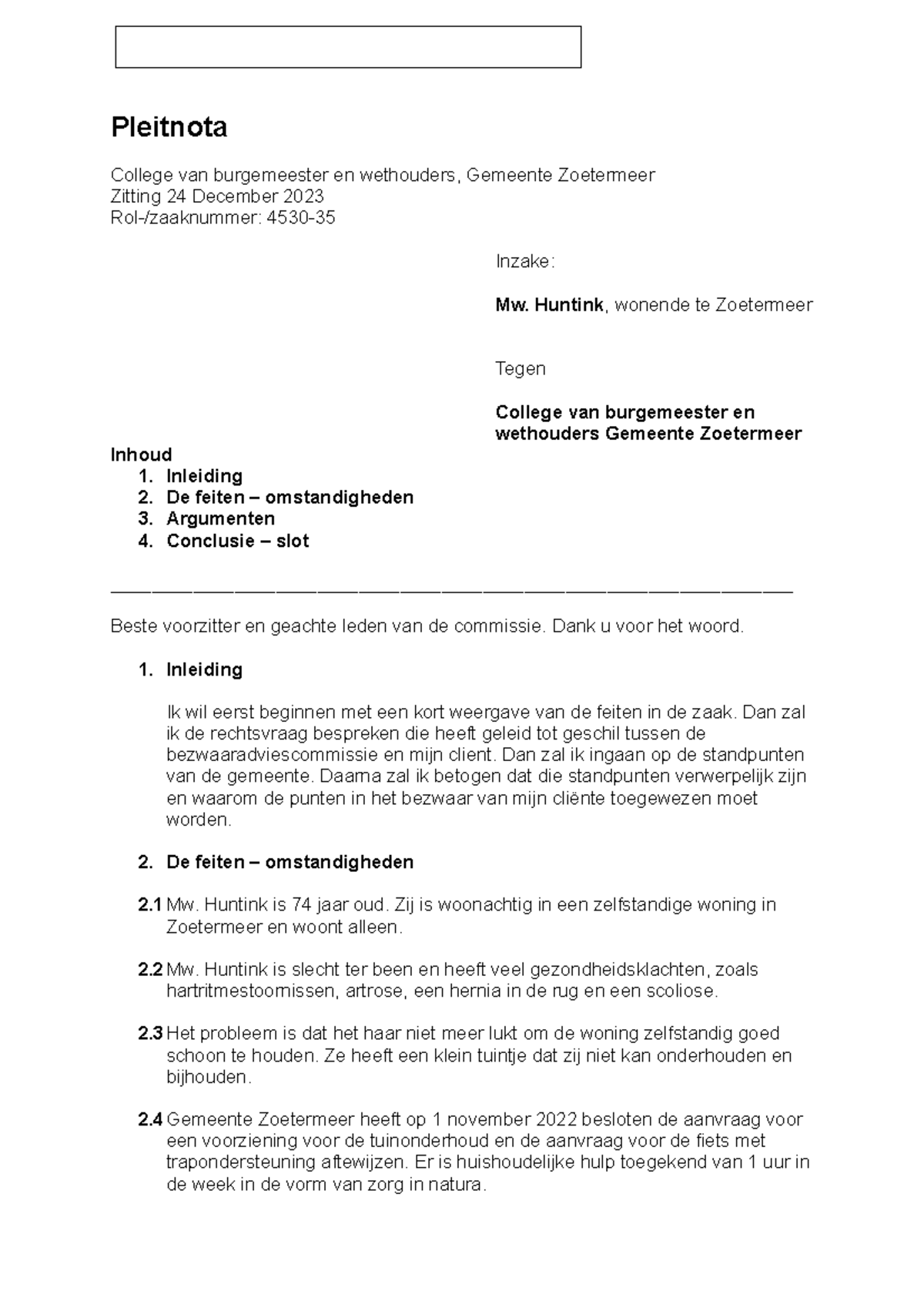 Pleitnota 1 - nvt - Pleitnota College van burgemeester en wethouders ...