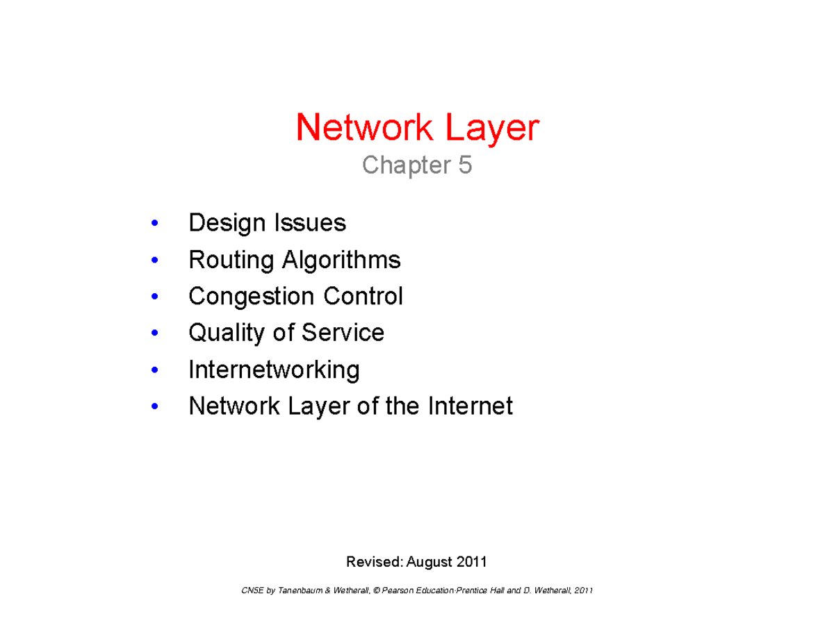 Chapter 5-Network Layer - N tNet work Lk Layer Chapter 5 Design Issues Routing Algorithms - Studocu