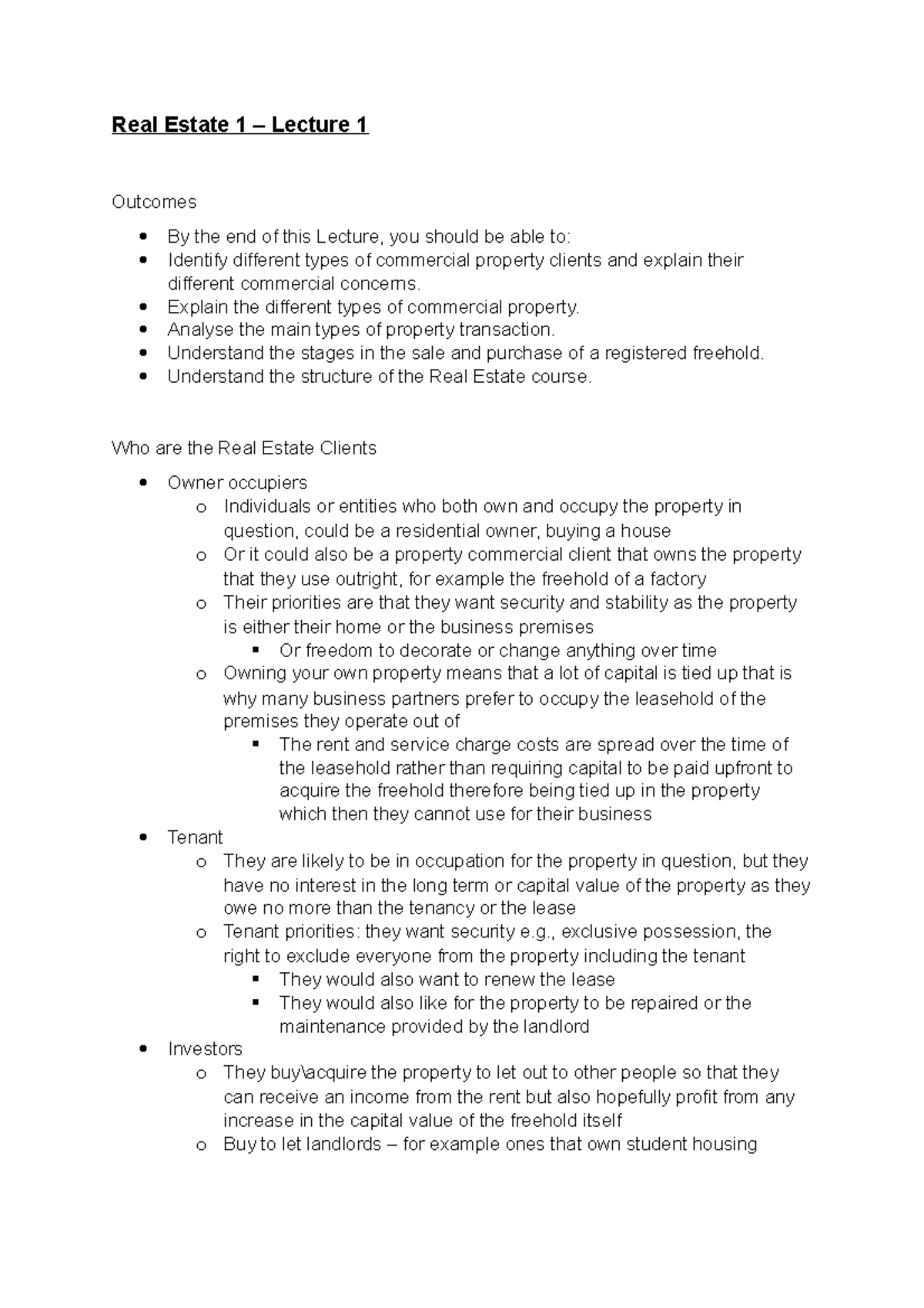 Real Estate 1 - Lecture 1 - Real Estate 1 – Lecture 1 Outcomes By the ...